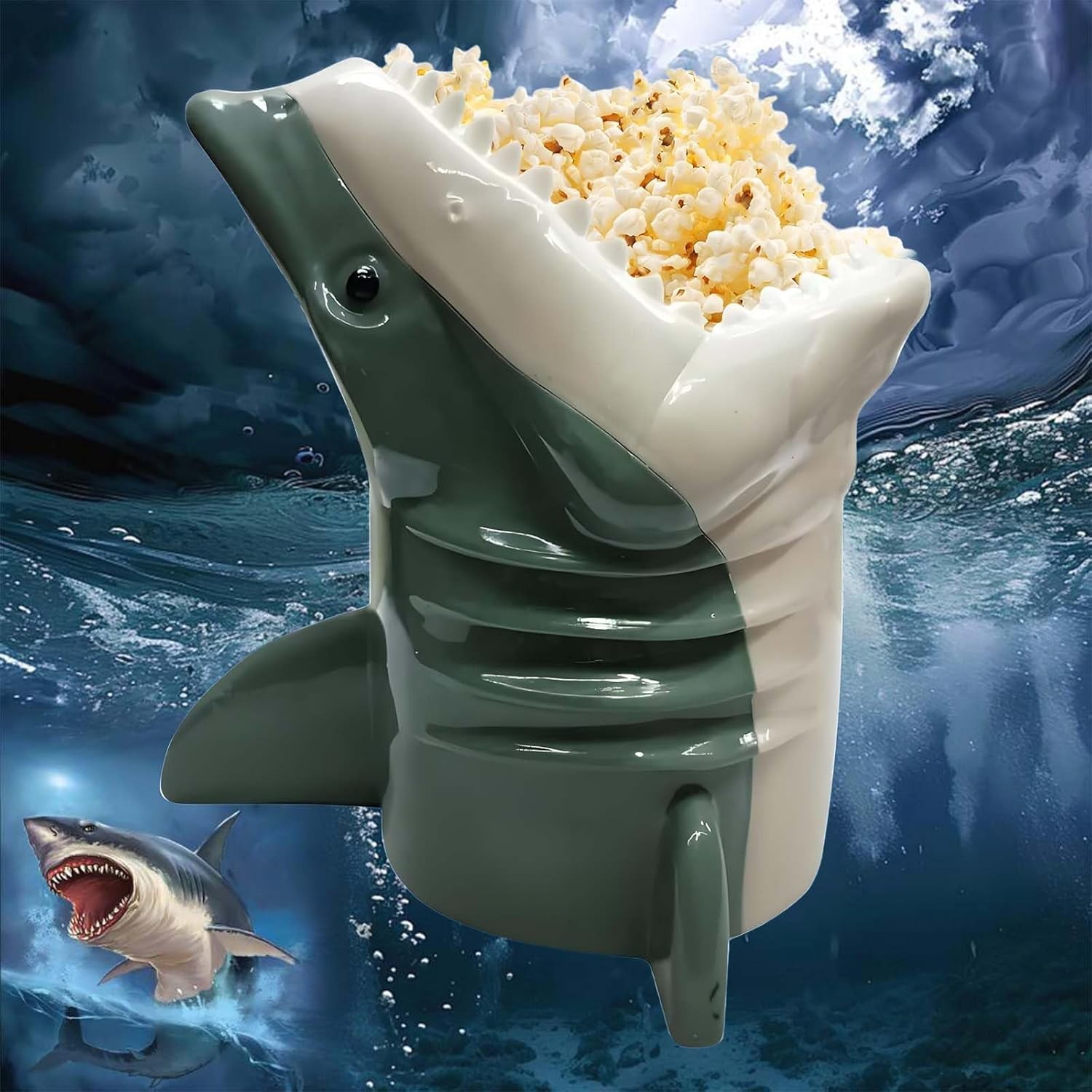Guvpev Shark Popcorn Bucket, 50th Anniversary Great White Popcorn Bucket, Reusable 3D Shark ...