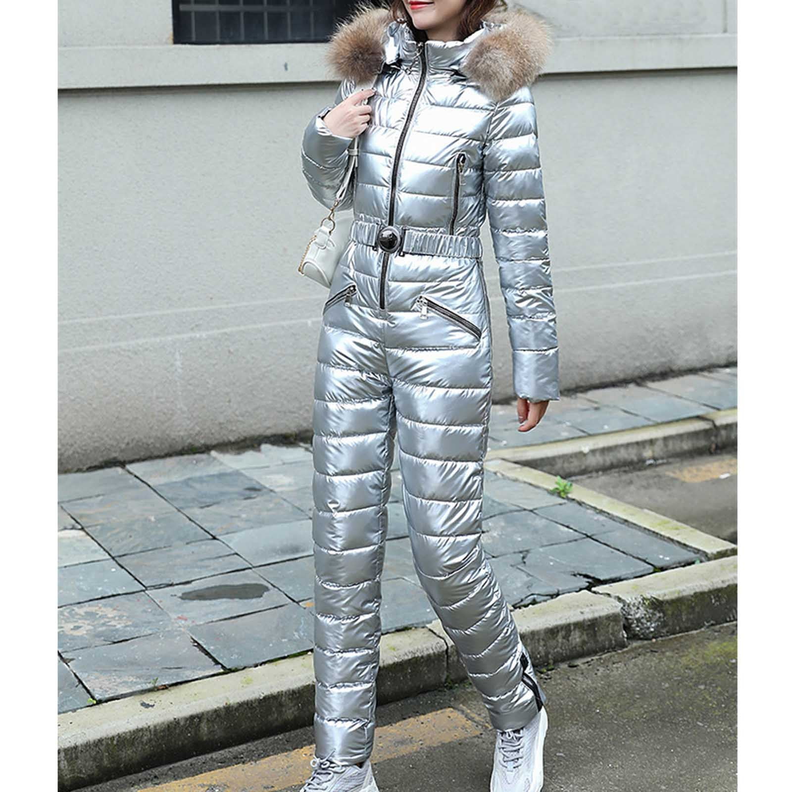 Guvpev Solid Color Hooded Ski Suit Warm Thickened Down Jacket Noodles ...