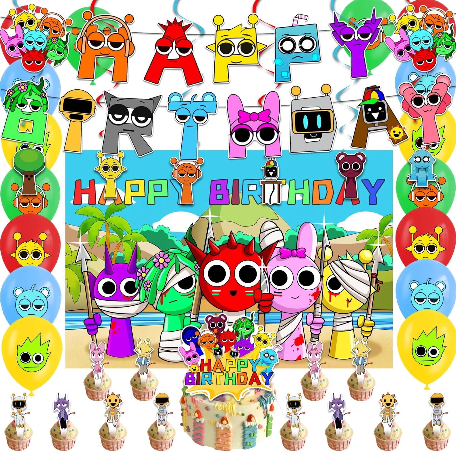 Guvpev Sprunki Birthday Decorations with 5x3 FT Backdrop Banner ...