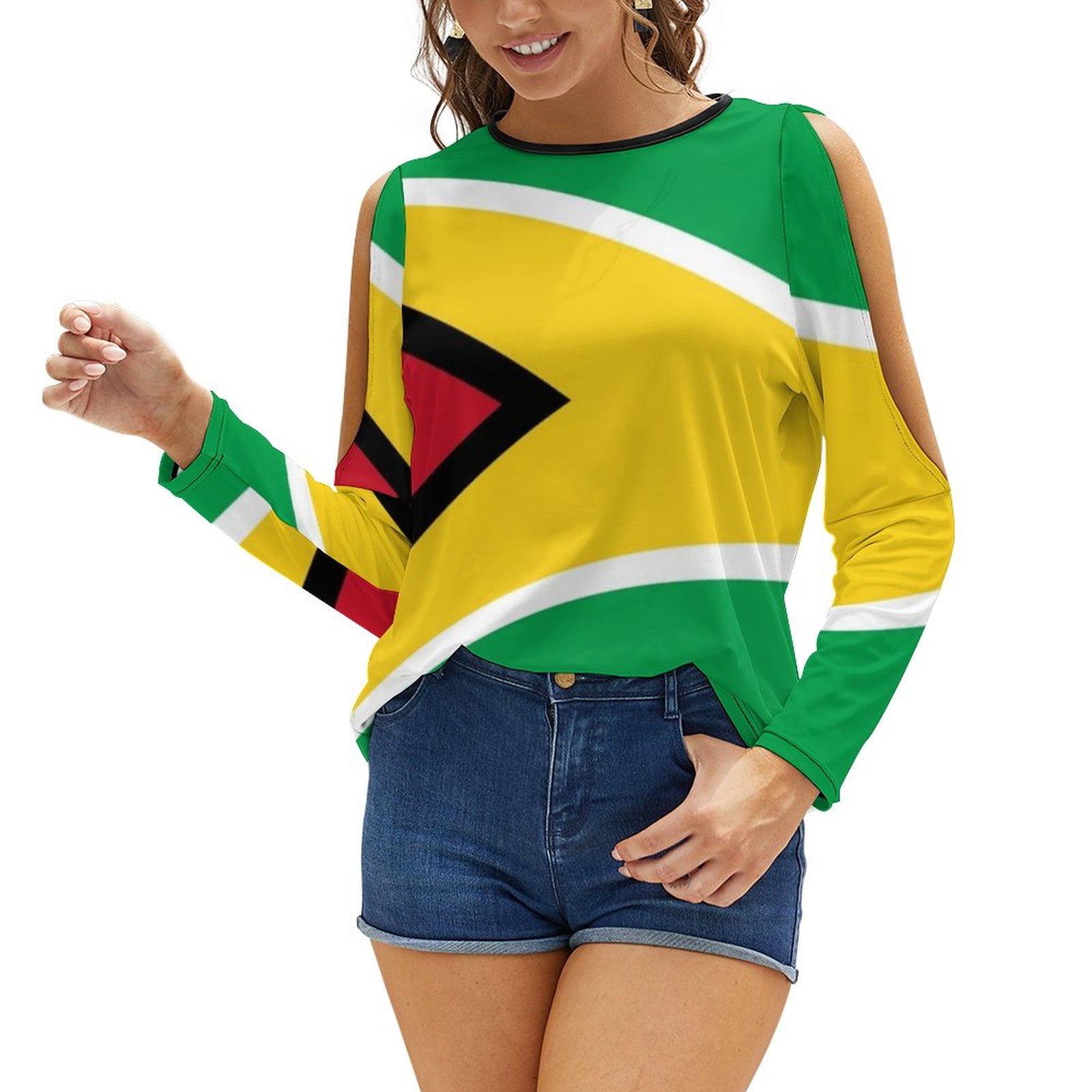 Guyana Flag T-Shirt-Guyanese Sticker Print O-Neck Off-The-Shoulder Top ...