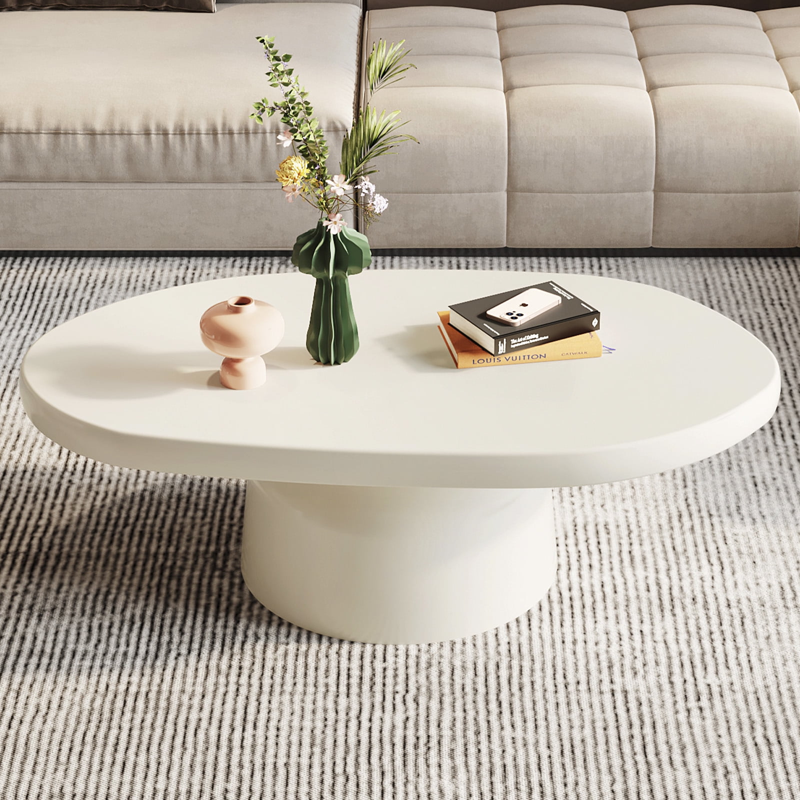Guyii 45.67" Oval Coffee Table, Modern Cream White Center Table, Coffee ...