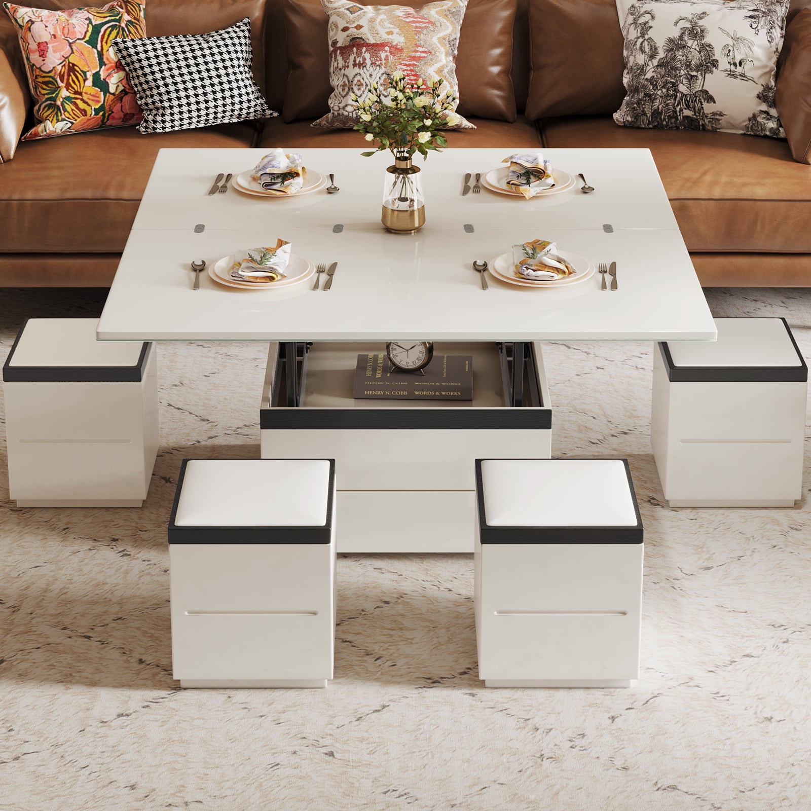 "Guyii Convertible 47"" Lift Top Coffee Table with 4 Stools and Storage ...