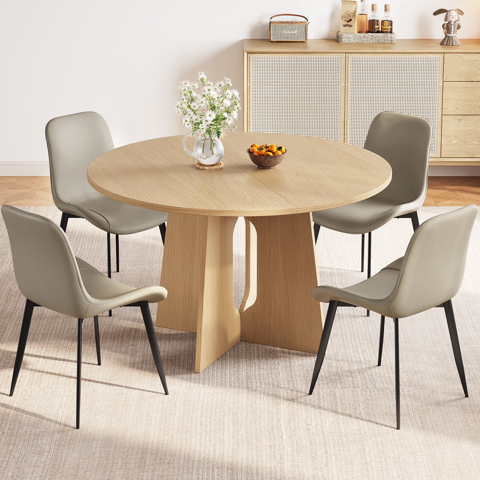 Guyii 5-Piece Dining Table Set, 47.24" Round Natural Wood Color Dining Table with 4 Gray ...