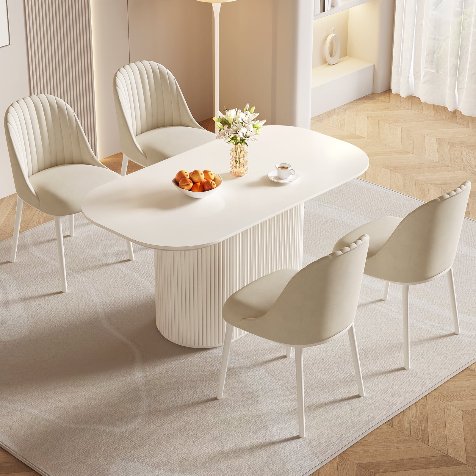 Guyii 5 Piece Oval Dining Table Set with 4 Chairs, 62.99" Cream White ...