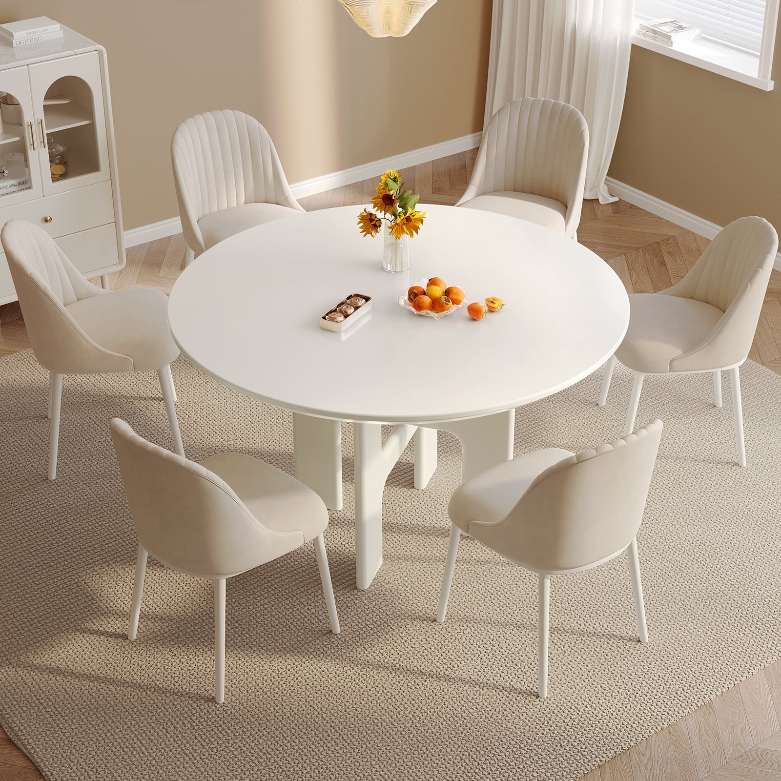 Guyii 7 Piece Round Dining Table Set, 45.27'' White Kitchen Table with ...