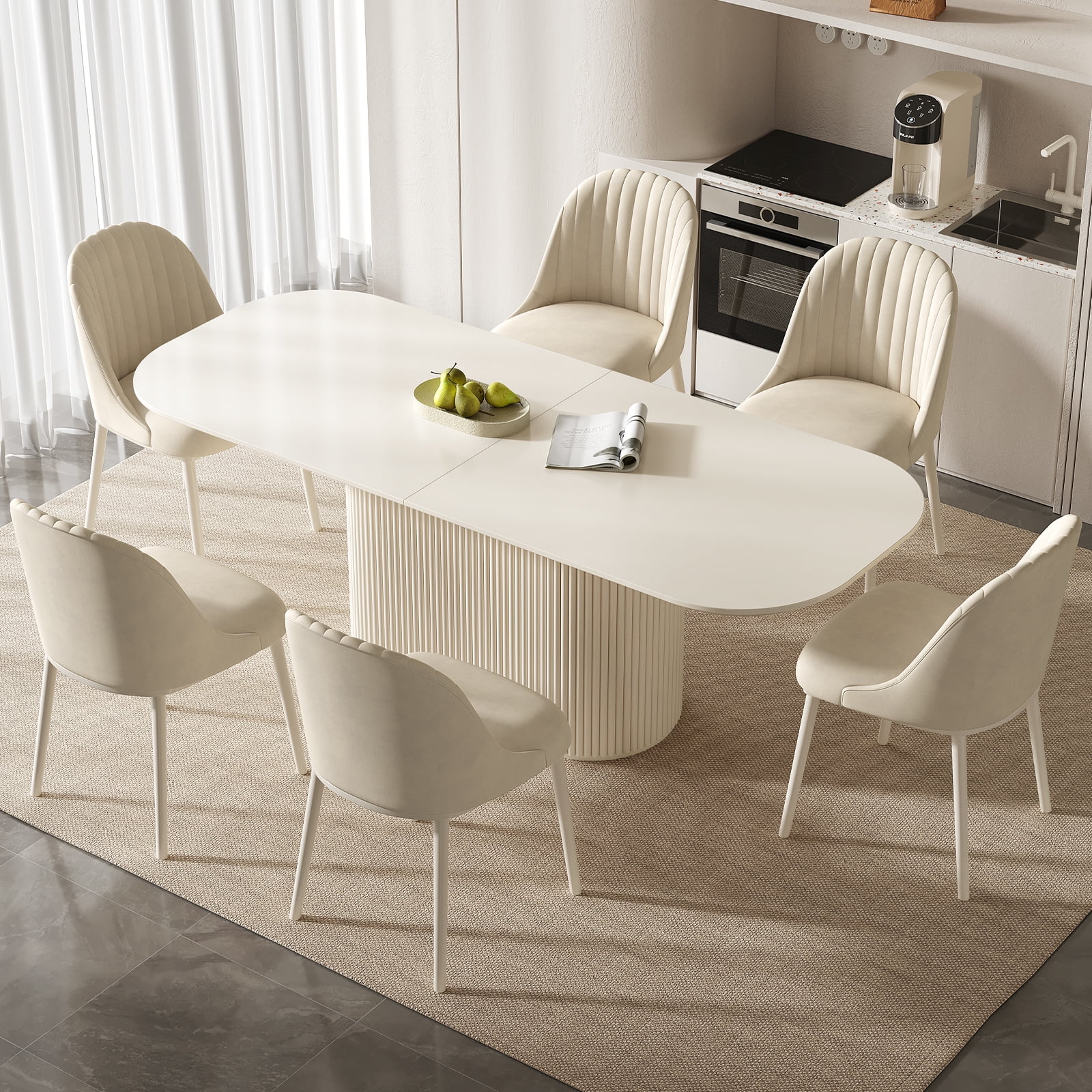 Guyii 7 Piece Oval Dining Table Set, 86.61" Cream White Kitchen Table with 6 Chairs, Rectangular ...