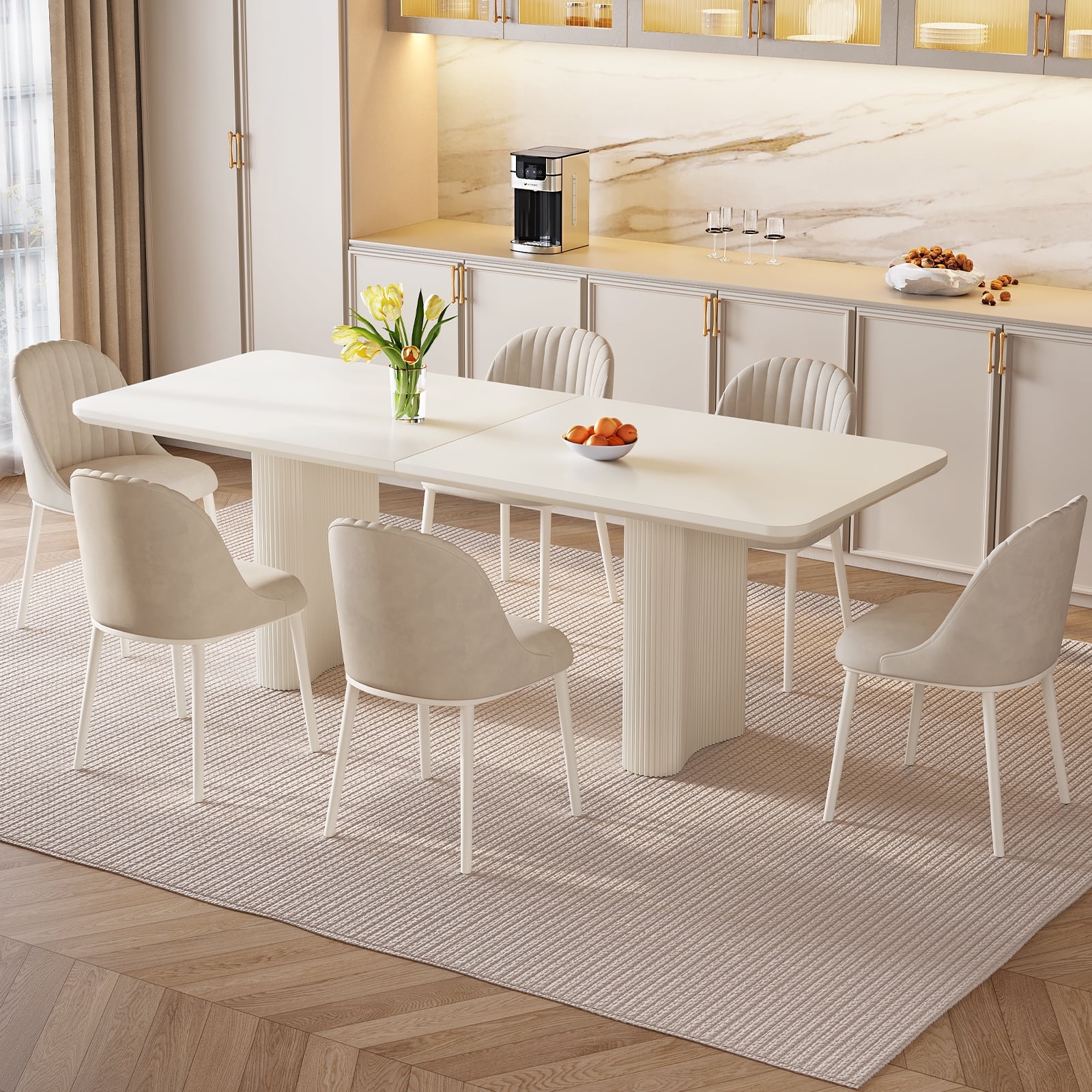 Guyii 78.97" Dining Table Set of 7, Modern White Rectangular Dining ...