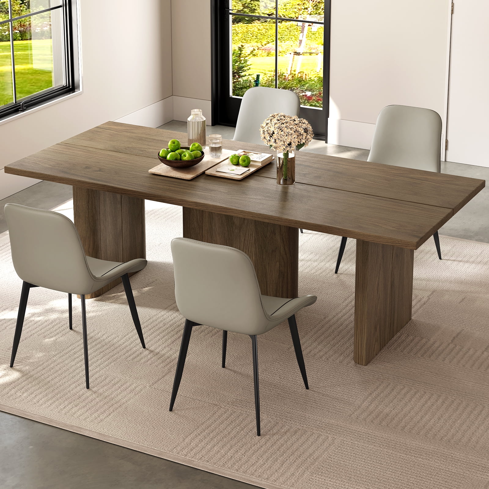 Guyii 85.03" Modern Farmhouse Dining Table Set with 4 PU Leather Chairs ...