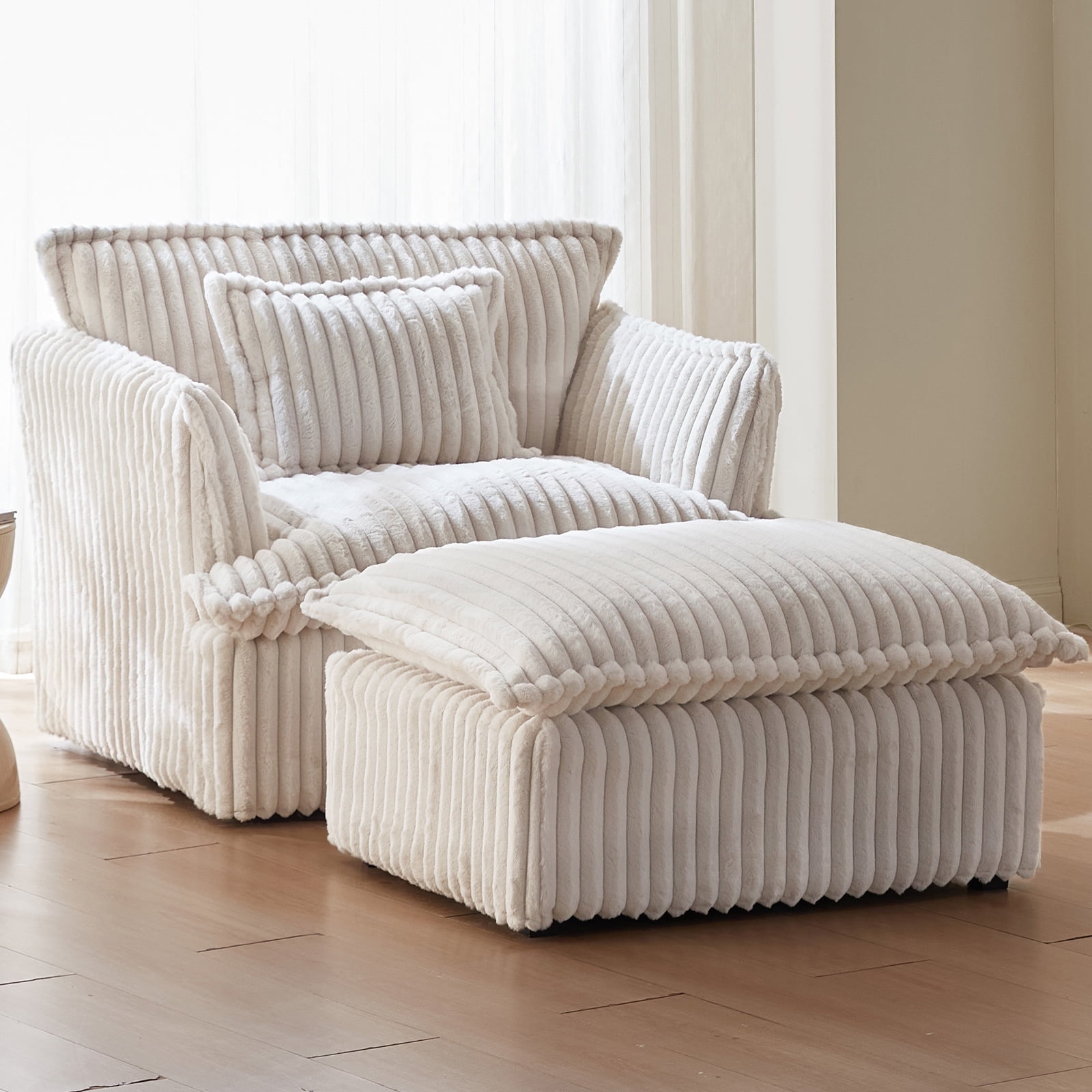 Guyii Extra-Wide Beige Single Seat Sofa with Ottoman, Faux Rabbit Fur Fabric Lazy Sofa with ...