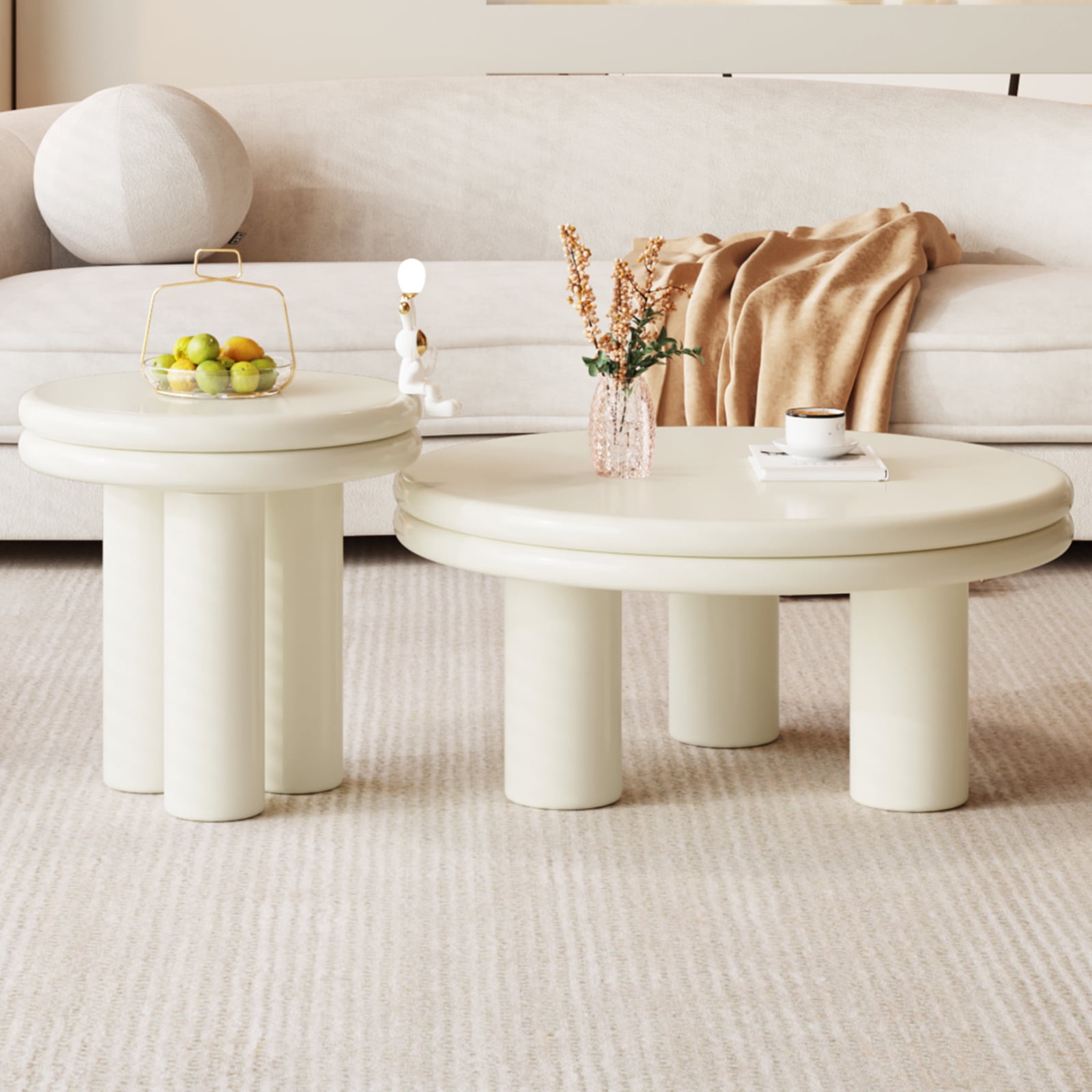 Guyii Modern Nesting Coffee Table Set, White Round Coffee Table with ...