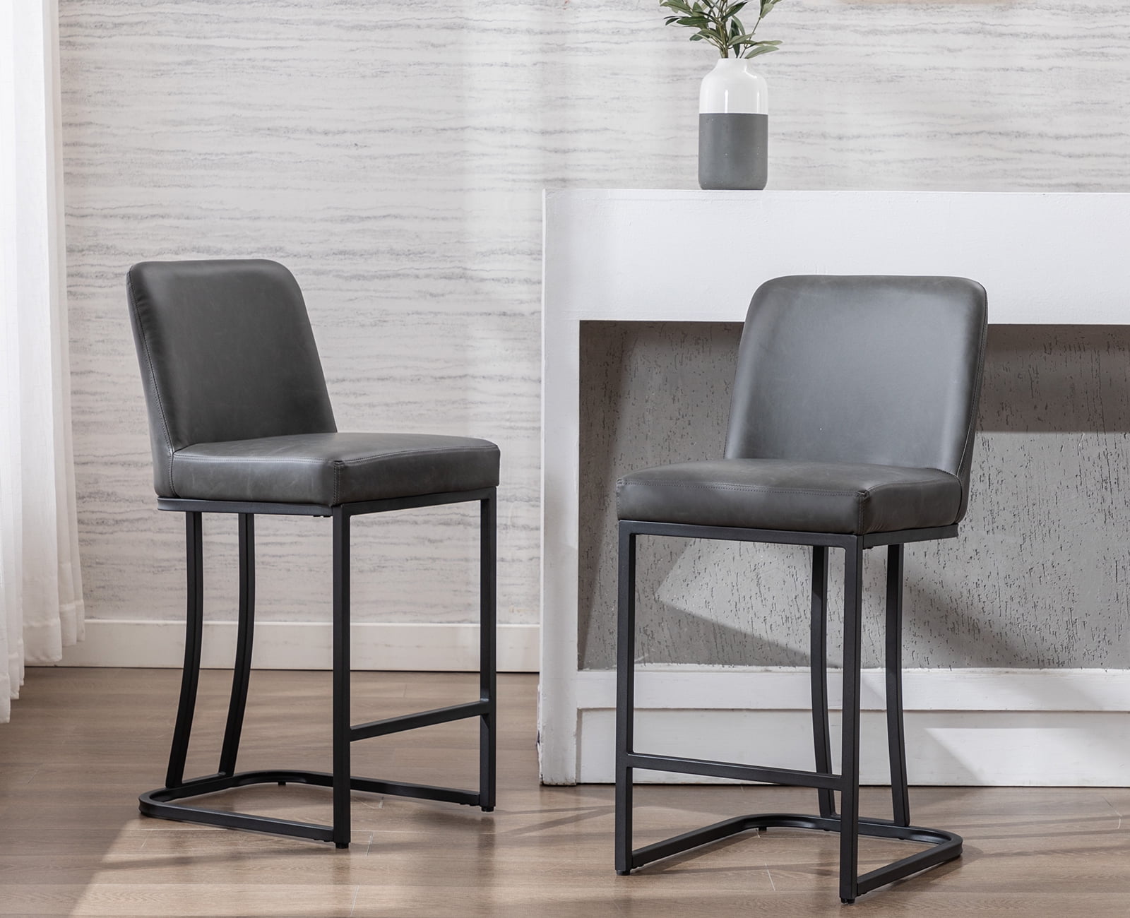 Guyou 24"H Bar Stools Set of 2, Faux Leather Upholstered for Kitchen ...