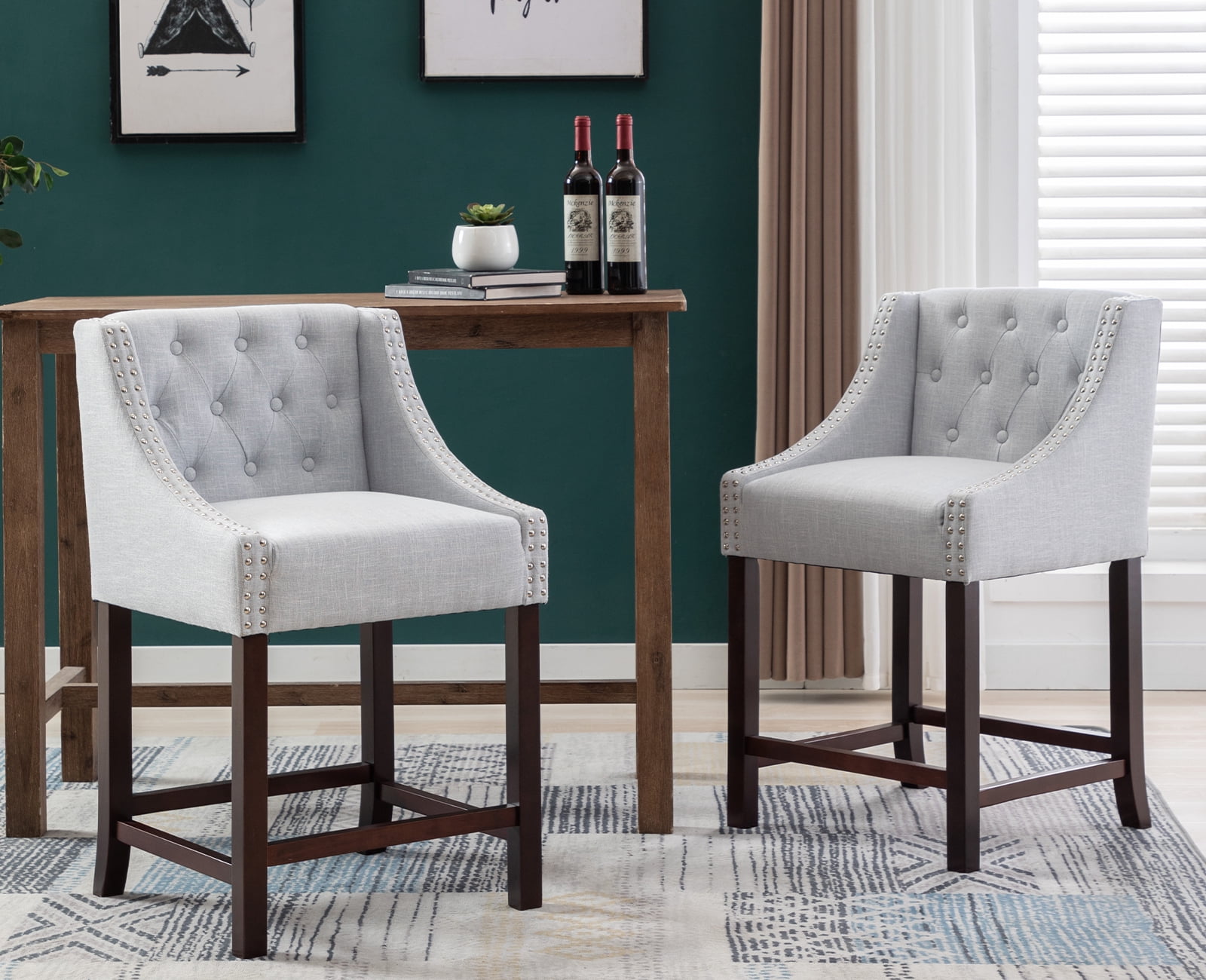 Guyou 25" Counter Height Bar Stools Set of 2, Mid Century Linen Tufted ...