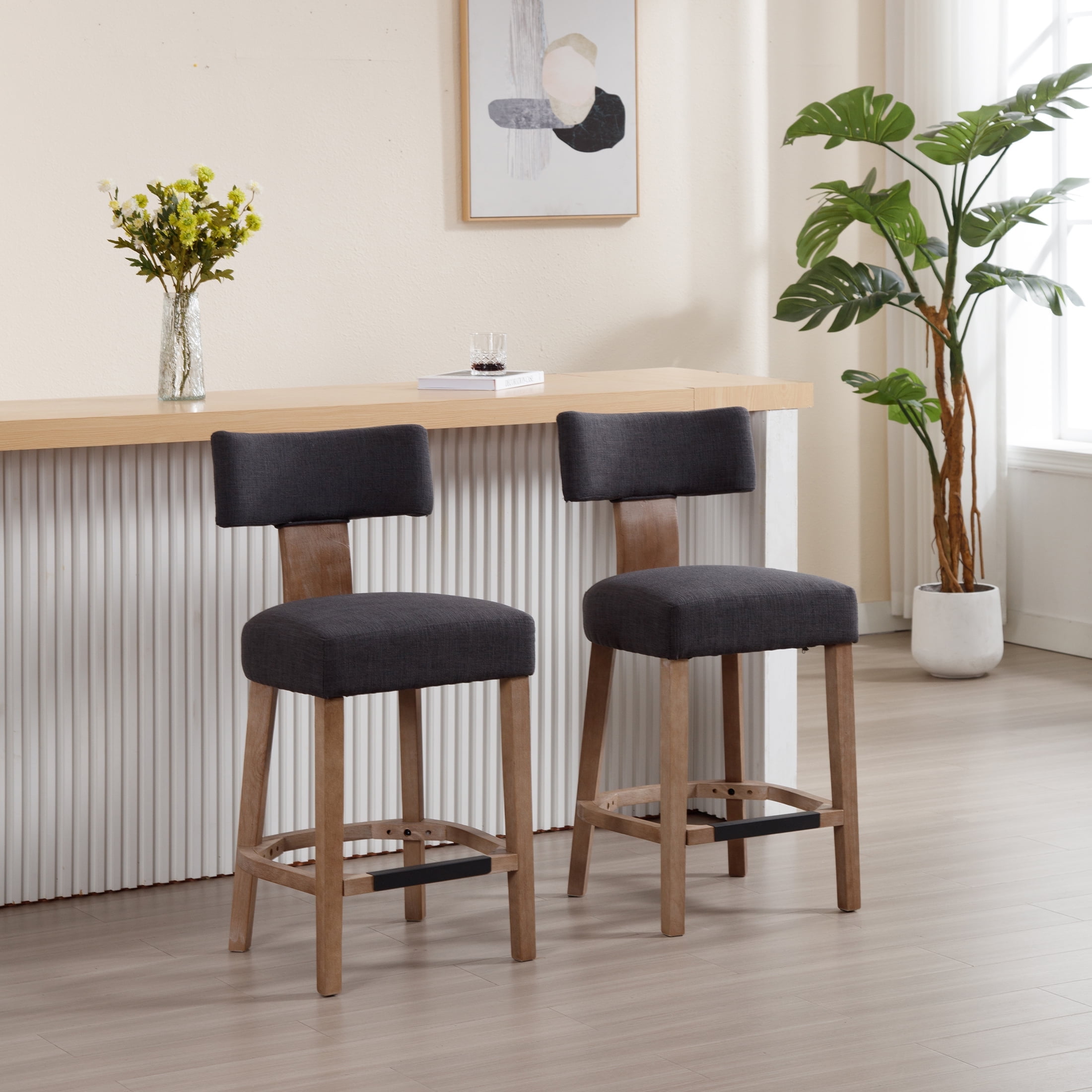 Guyou 26" Bar Stool Set of 2, Modern Linen Upholstered Counter Height Barstools with Hardwood ...