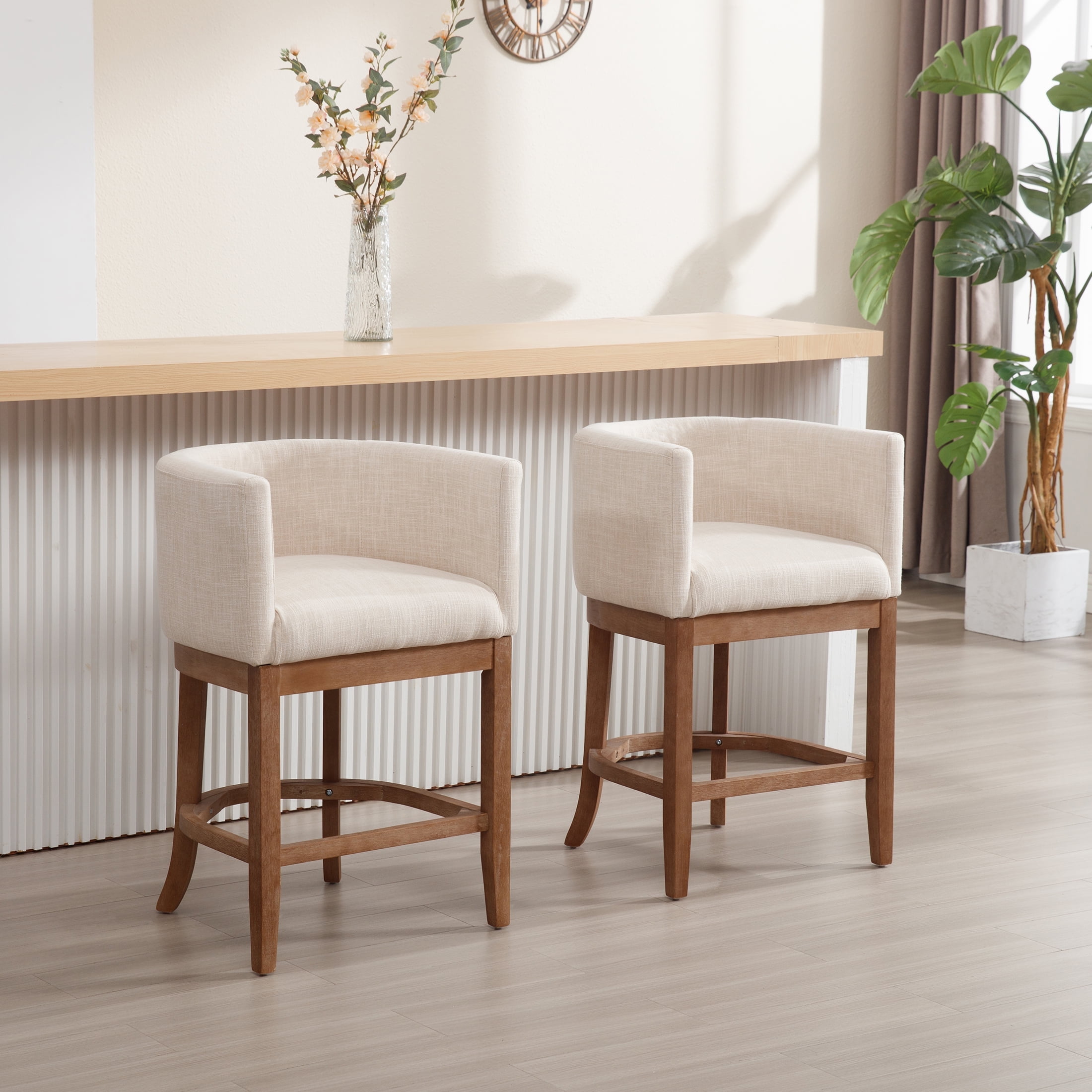 Guyou 26" Modern Counter Height Bar Stools Set of 2, Barrel Wooden Kitchen Island Chairs ...