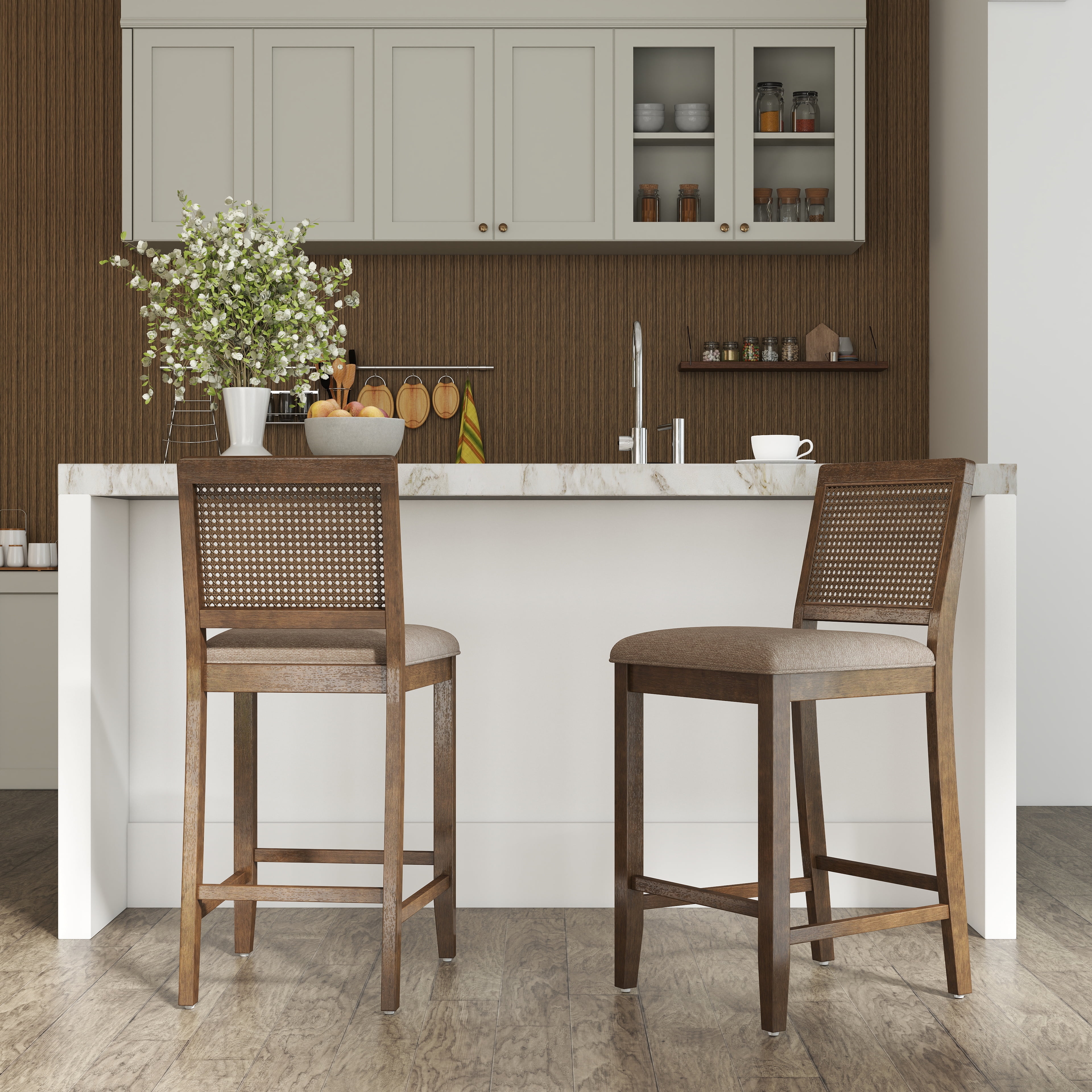 Guyou 26" Rattan Bar Stools Set of 2, Farmhouse Chenille Upholstered ...