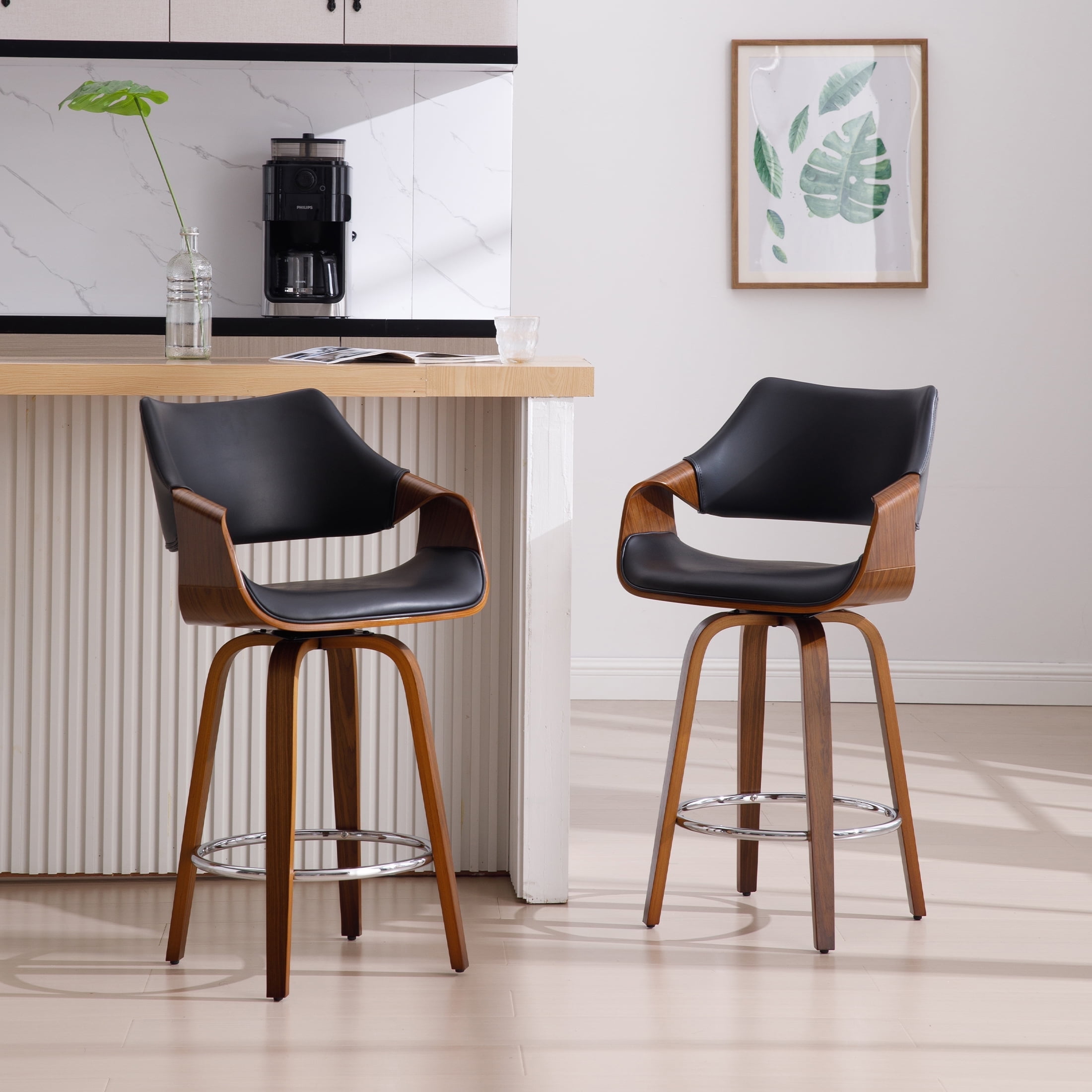 Guyou 26" Swivel Counter Stools Set of 2, Modern Barrel PU Kitchen ...