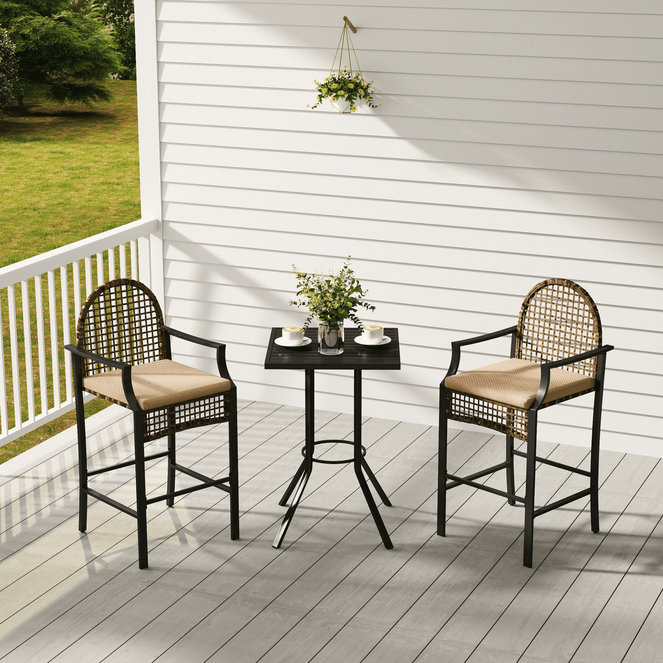 Guyou 3 Piece Patio Bar Set Outdoor Wicker Counter Height Bar Stools ...