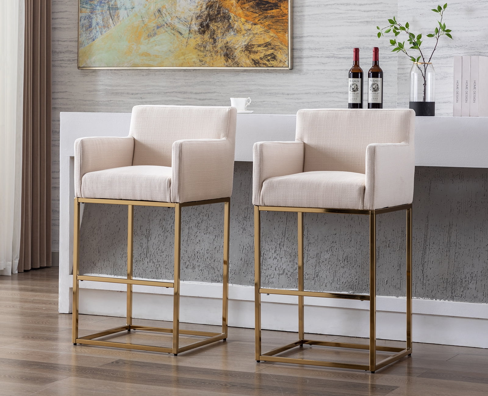 Guyou 30.75" Modern Bar Stools Set of 2, Linen Upholstered Counter ...
