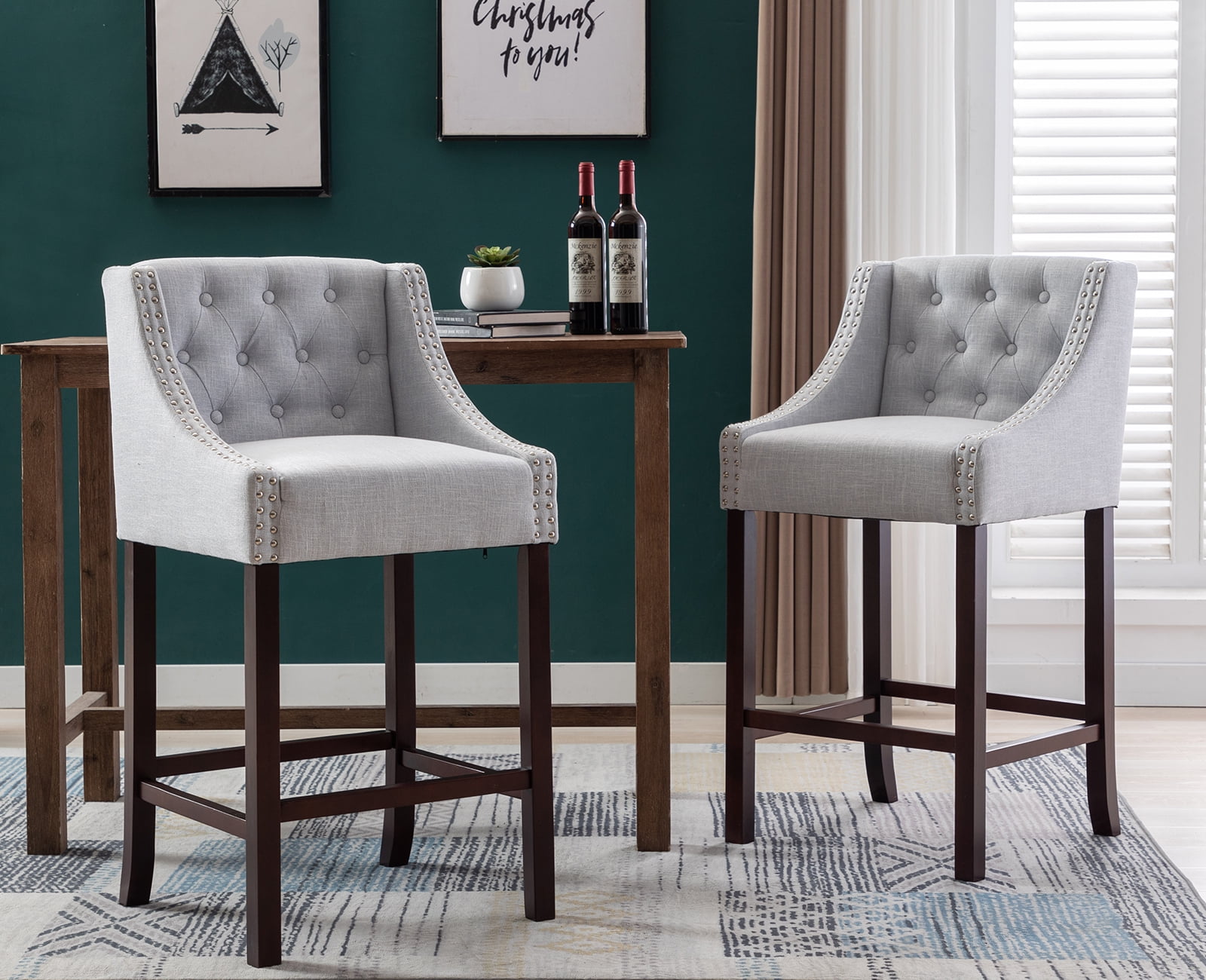 Guyou 30" Counter Height Bar Stools Set of 2, Mid Century Linen Tufted ...