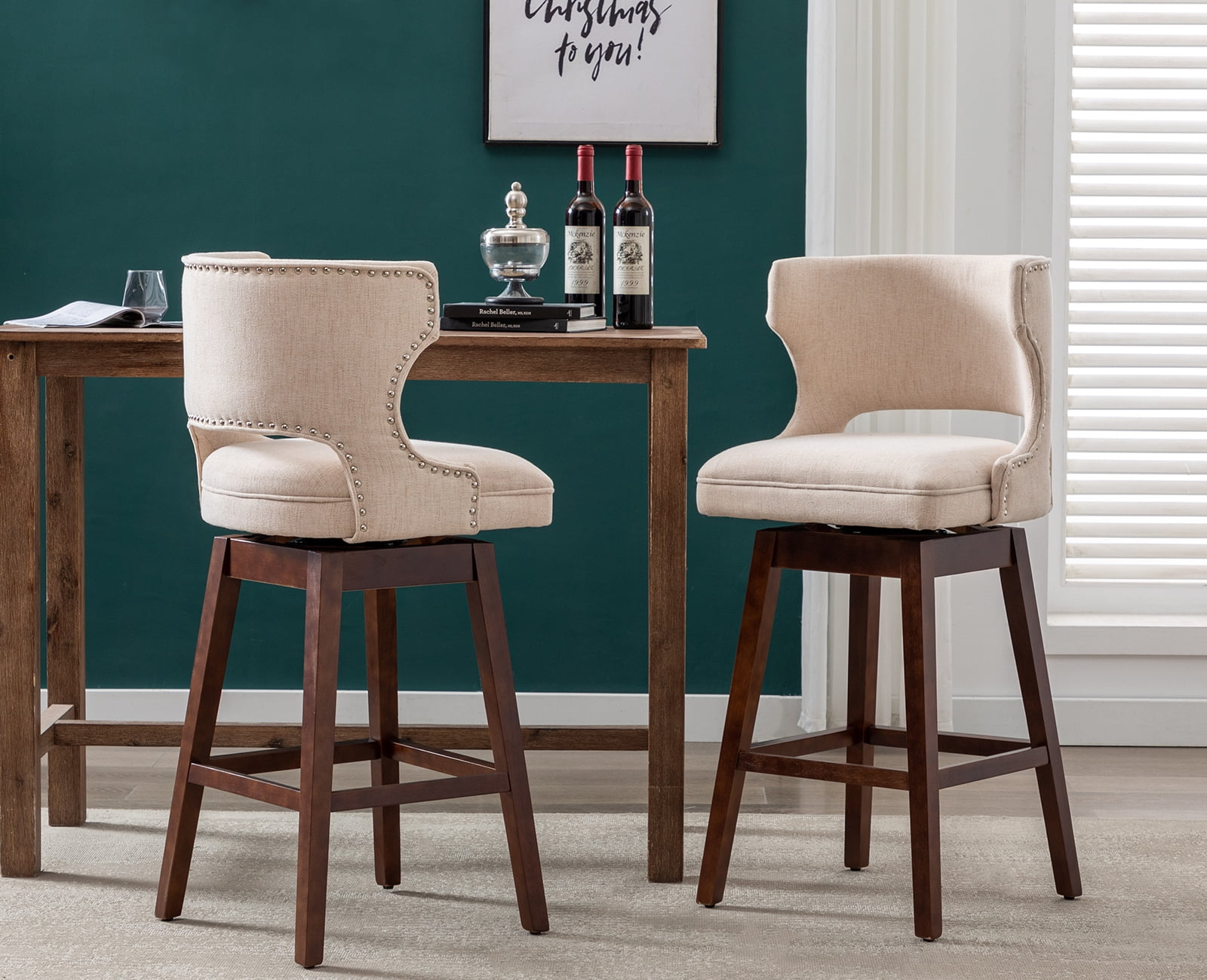 Guyou 30" Swivel Bar Stool Set of 2, Farmhouse Linen Upholstered ...