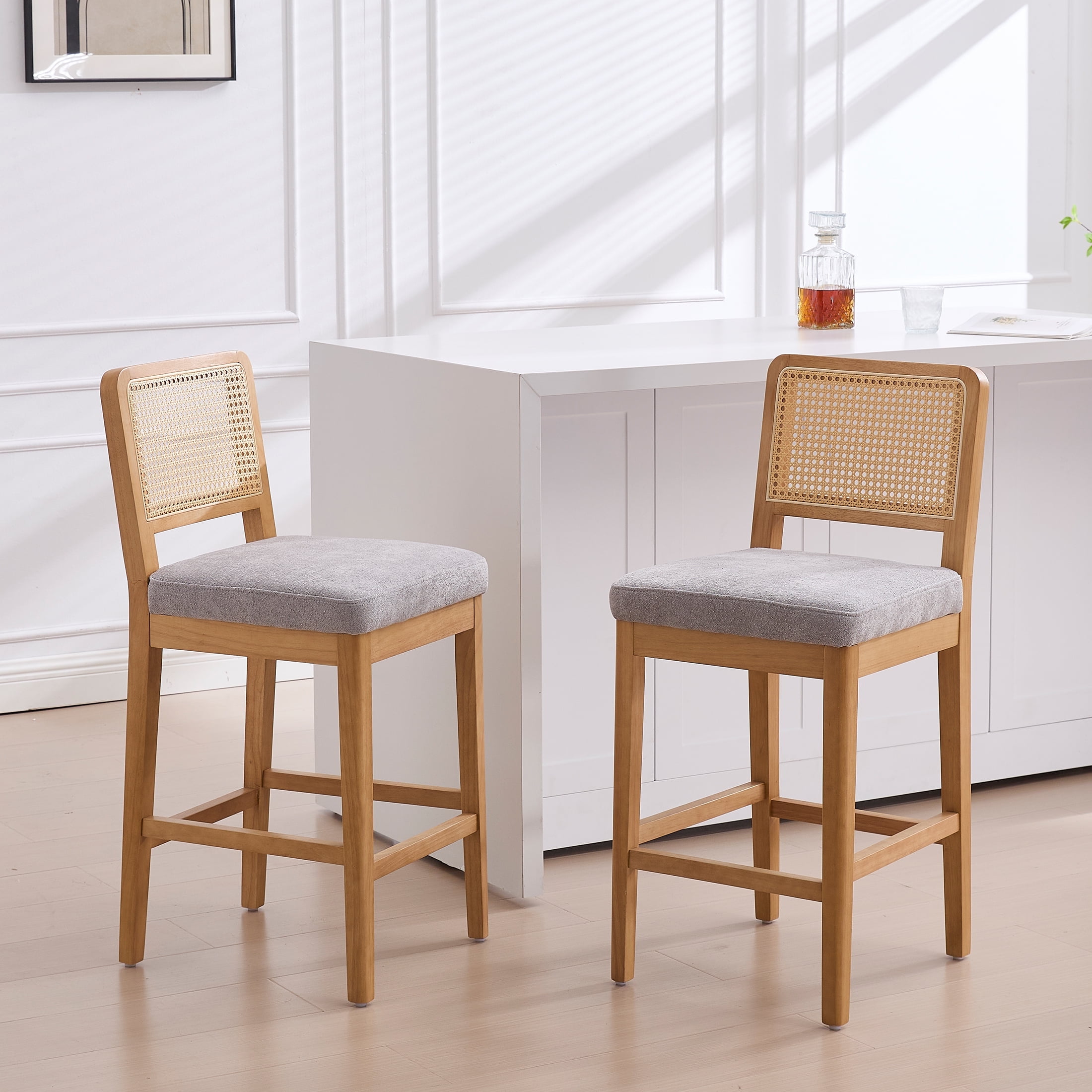 Guyou Counter Height Bar Stools Set of 2, 26" Farmhouse Wooden Rattan Bar Stools, Modern ...