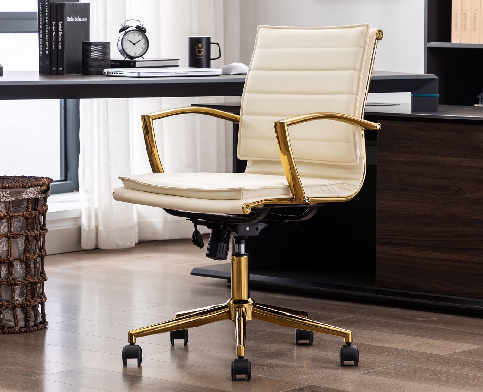 Guyou Faux Leather Swivel Office Chair, Modern Wide Seat Adjustable ...