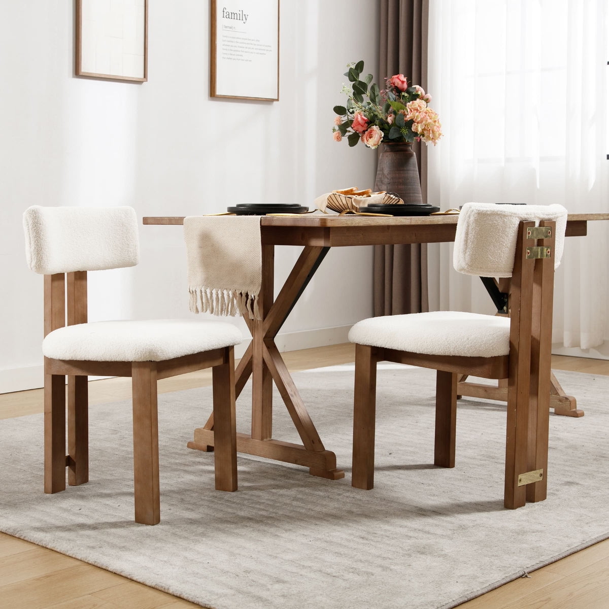 Guyou Fur Dining Chairs, Farmhouse Fabric Kitchen Chairs with Natural ...