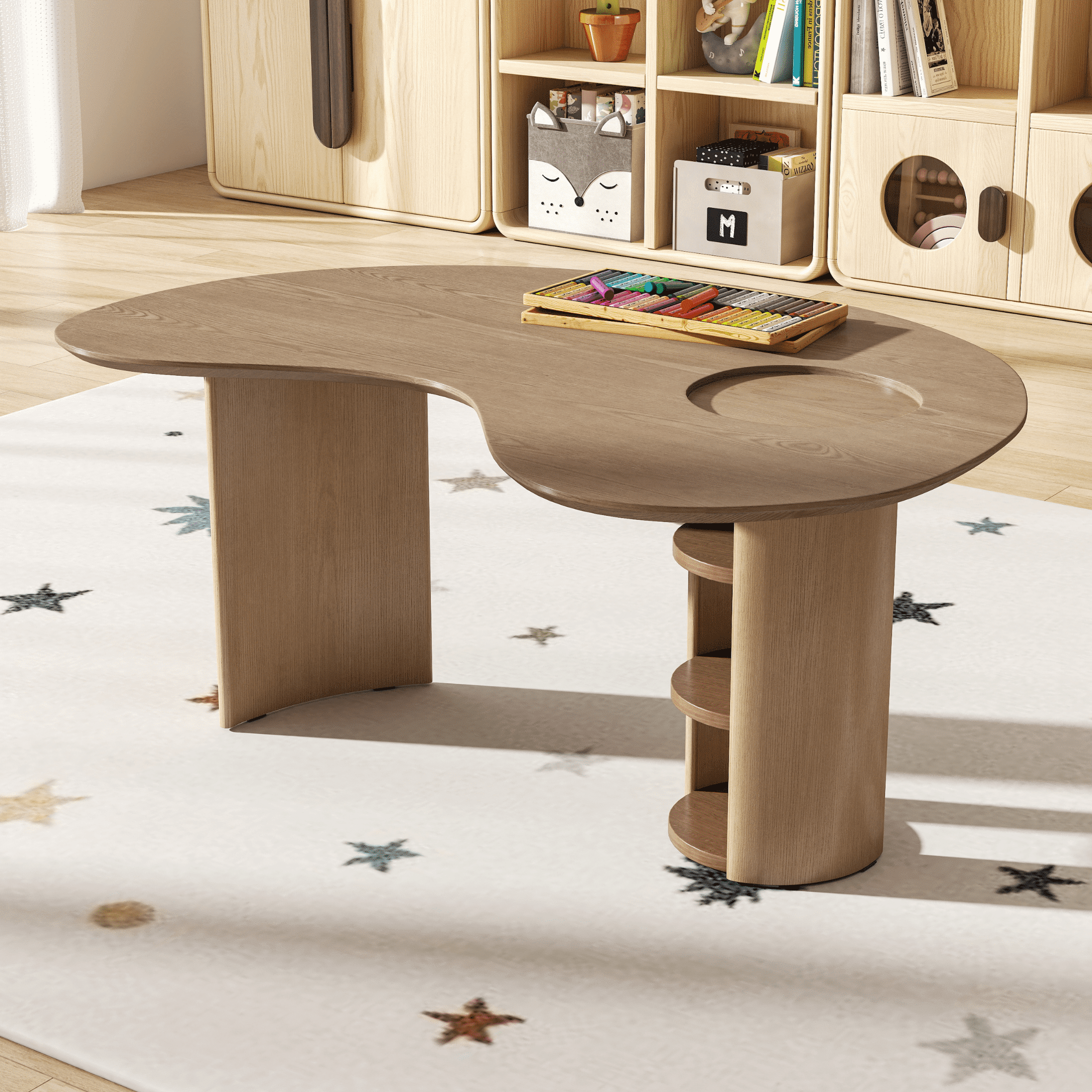 Guyou Kids Half Moon Wood with Storage Activity Table, Natural ...