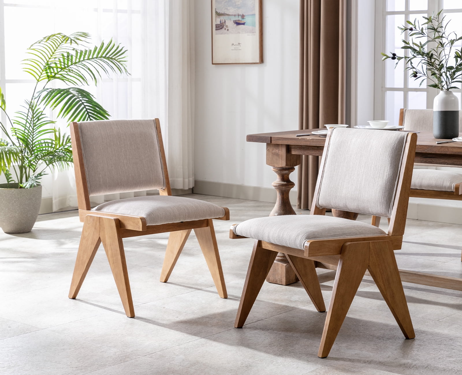 Guyou Mid Century Dining Chair Set Of 2 Natural Solid Wood Linen