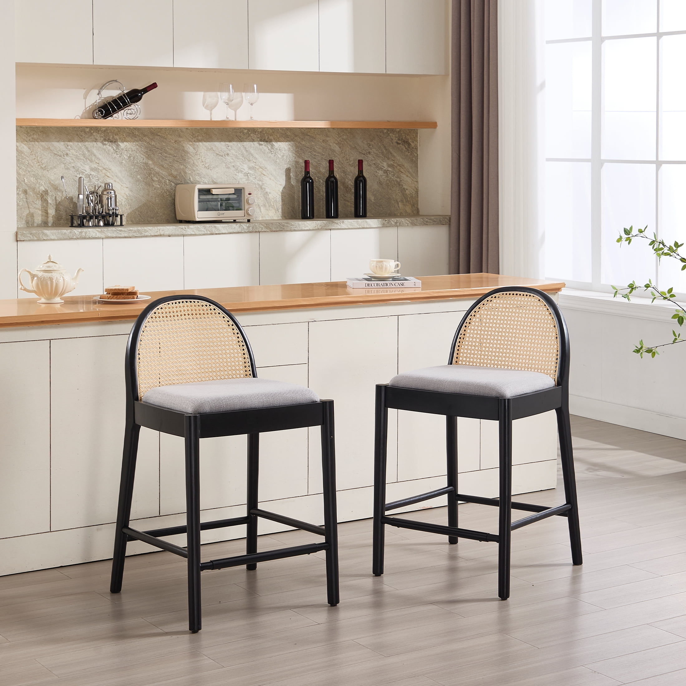 "Guyou Bar Stools Set of 2, 26"" Counter Height, Rattan Back, Wood Frame, Linen Upholstered ...