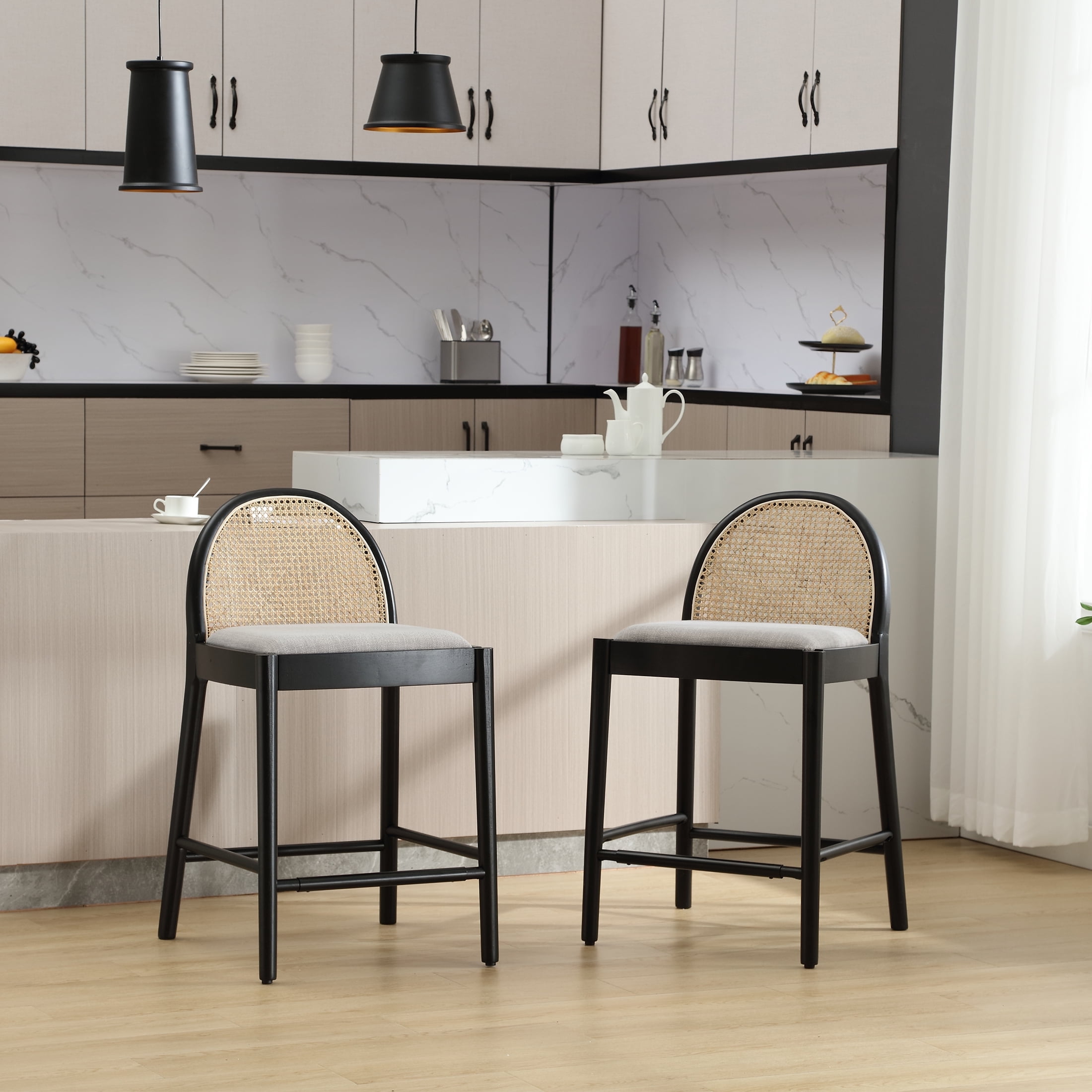 "Guyou Bar Stools Set of 2, 26"" Counter Height, Rattan Back, Wood Frame, Linen Upholstered ...