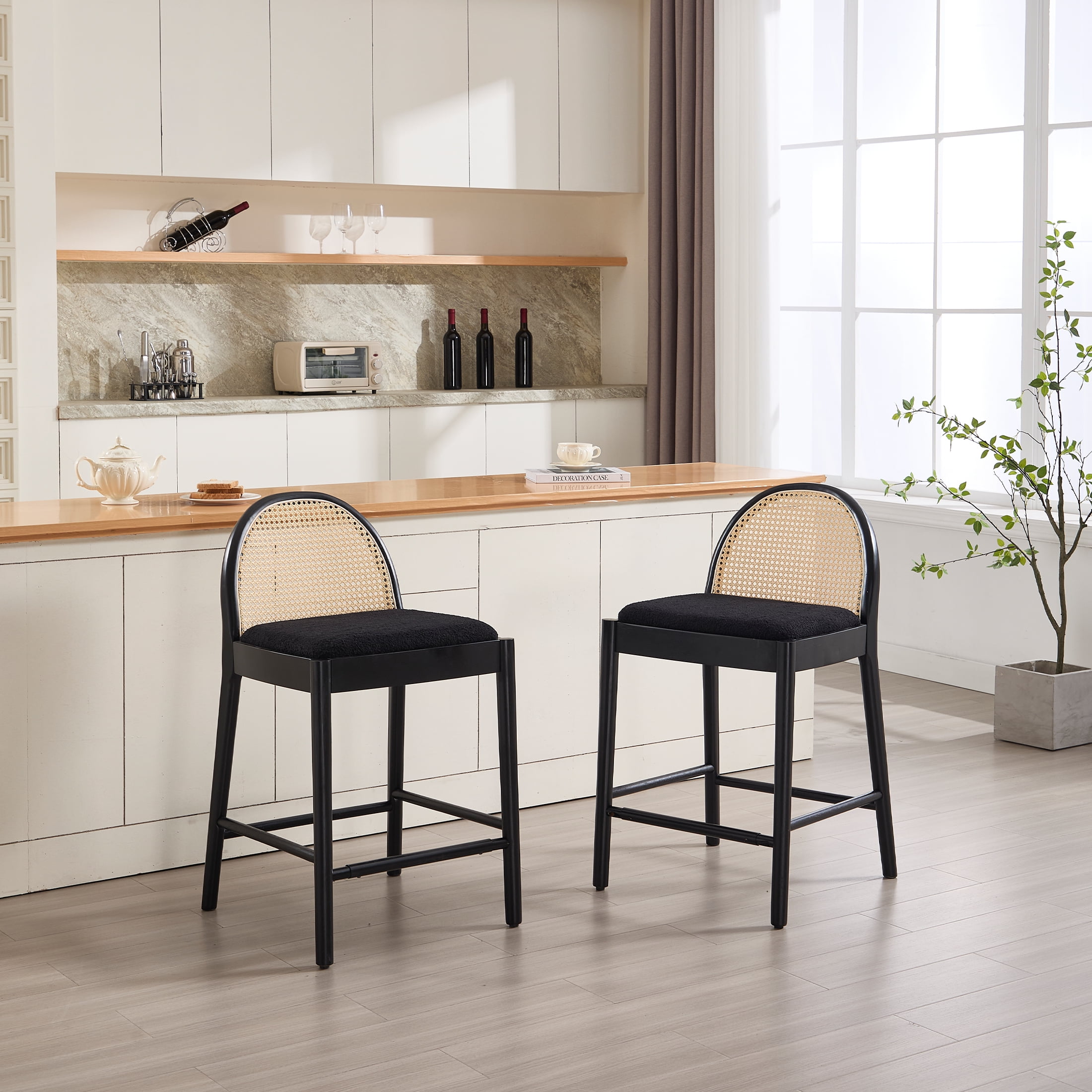 "Guyou 26"" Black Bar Stools Set of 2, Solid Wood Frame with Rattan Back & Sherpa Upholstery ...