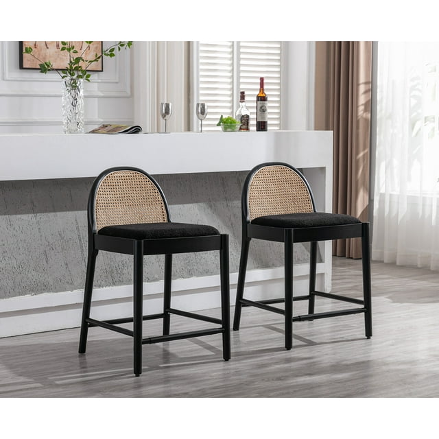 "Guyou 26"" Black Bar Stools Set of 2, Solid Wood Frame with Rattan Back & Sherpa Upholstery ...