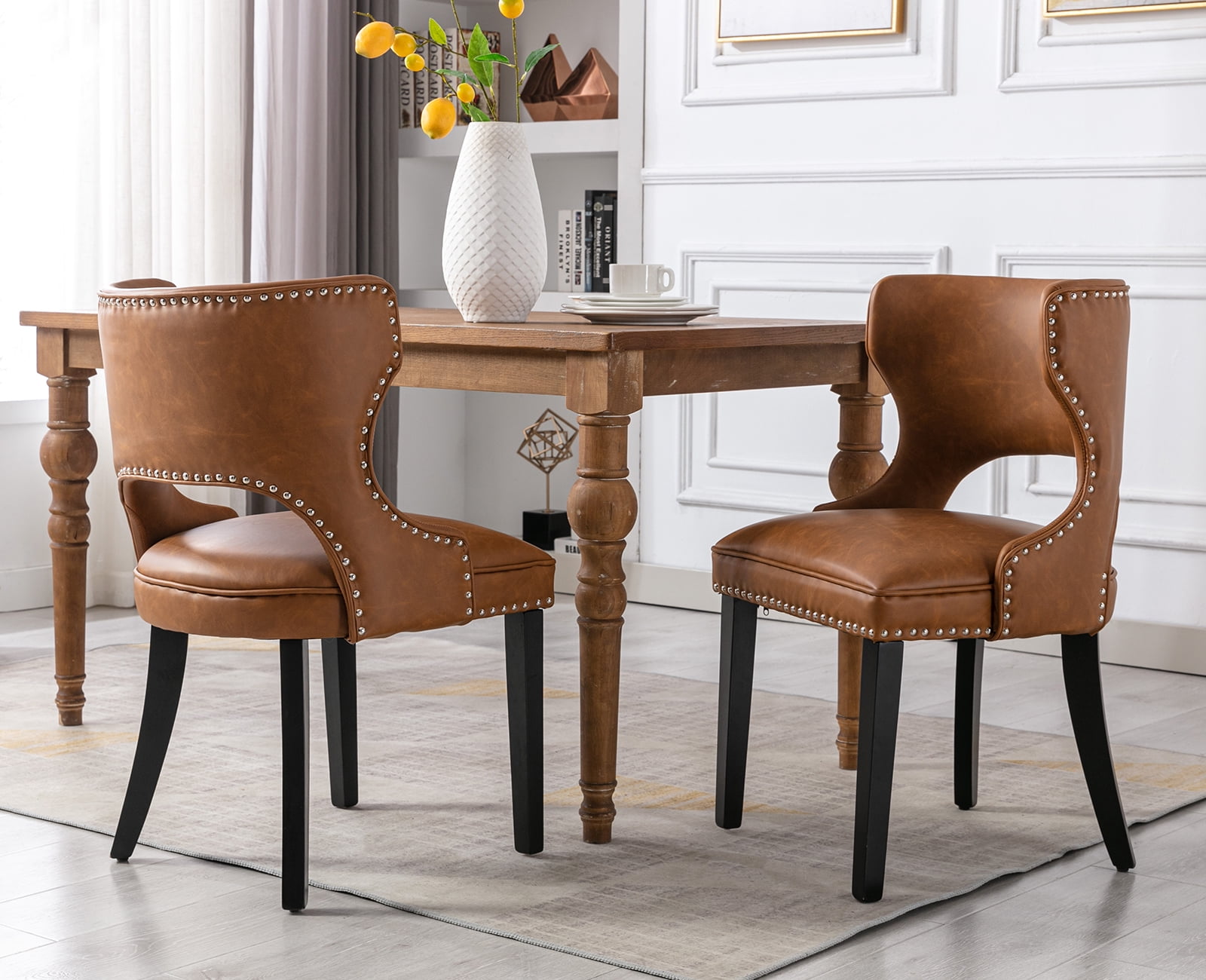 Guyou 2 Modern Dining Chairs, Mid-century Brown Faux Leather, Nailhead ...