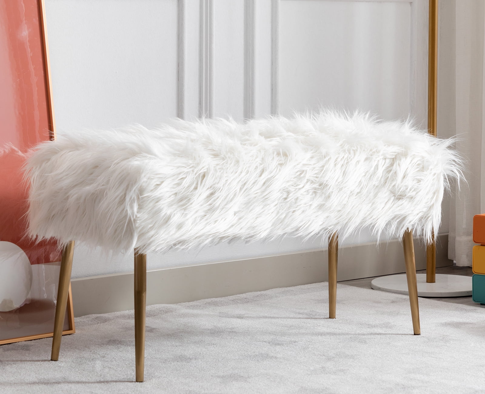 Guyou Modern Faux Fur Entryway Bench Upholstered Ottoman Bench with ...