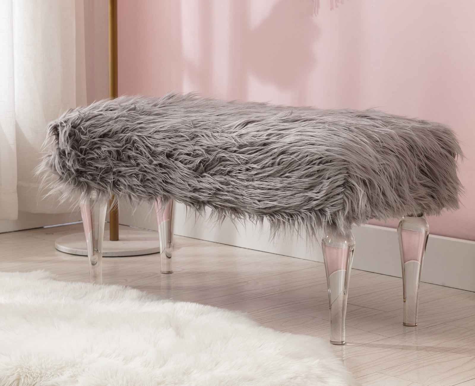 Guyou Modern Faux Fur Entryway Bench Upholstered Ottoman Bench with ...