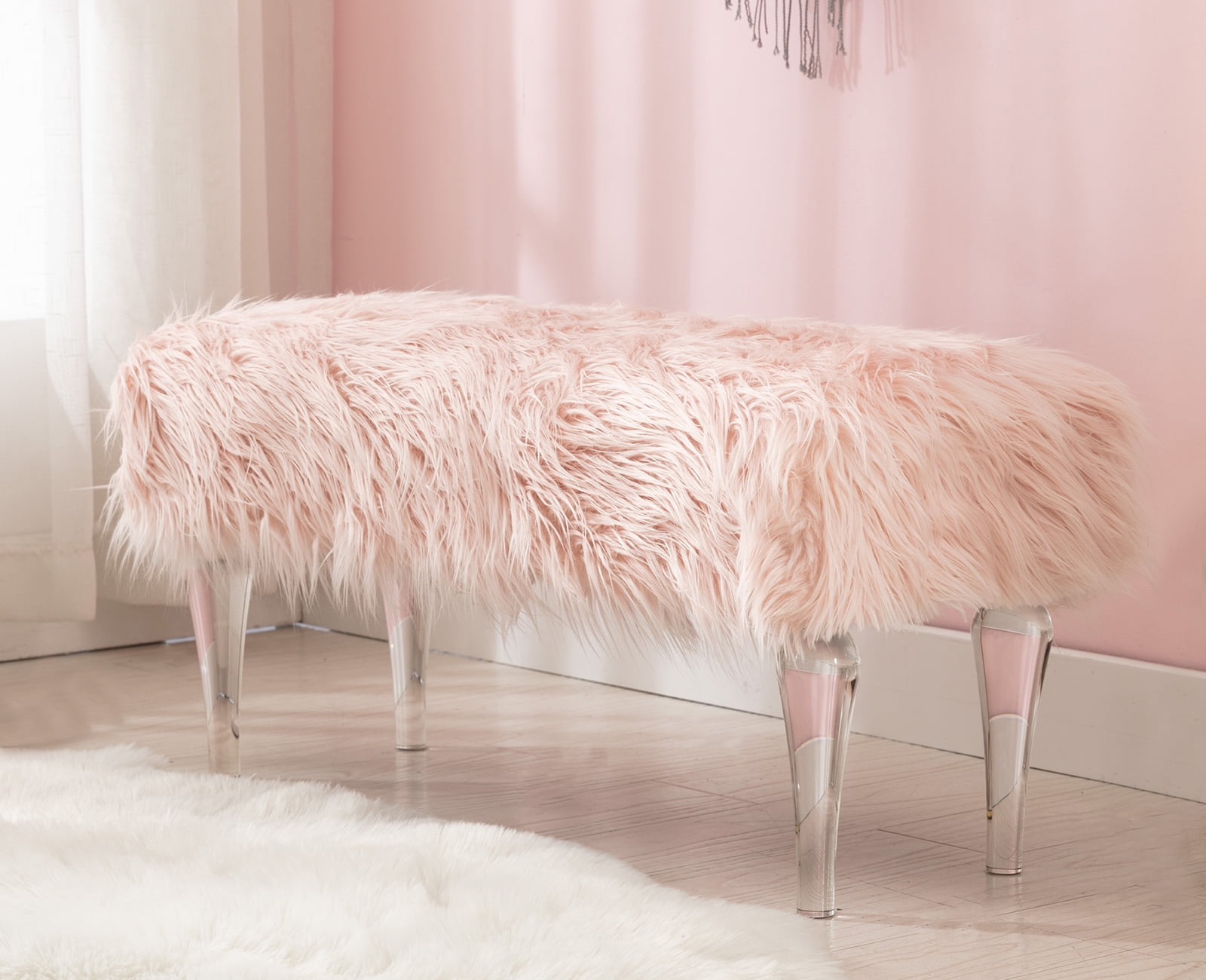 Guyou Modern Faux Fur Entryway Bench Upholstered Ottoman Bench with ...