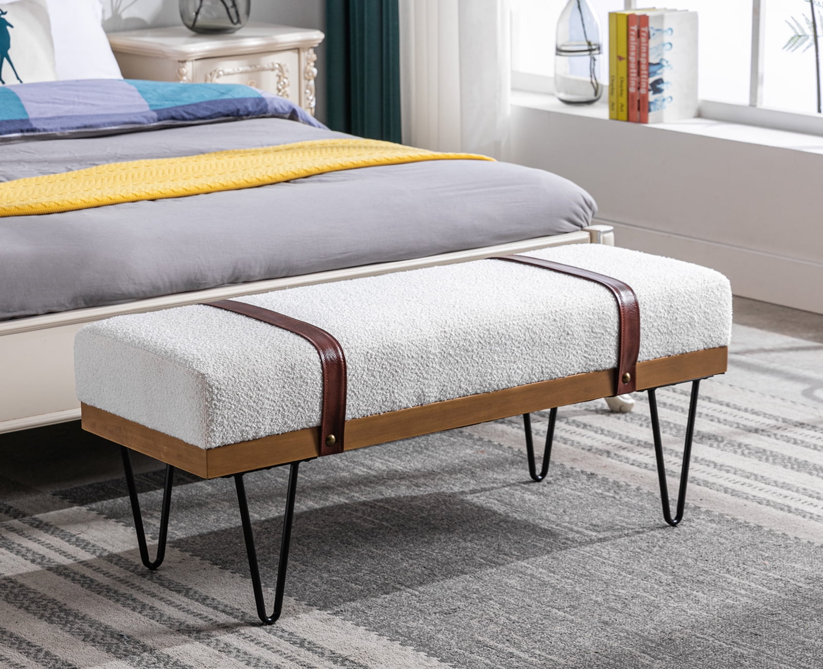 Guyou Modern Ottoman Bench, Faux Fur, Metal Legs, Upholstered for ...