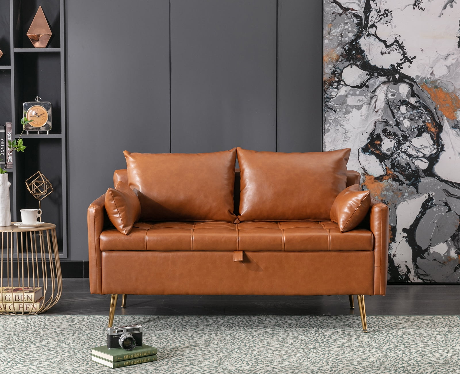 Guyou Modern Faux Leather Loveseat Sofa 53 Sofa Couch 2 Seat Loveseat with Storage Space and Pillows Button Tufted Small Sofa for Living Room