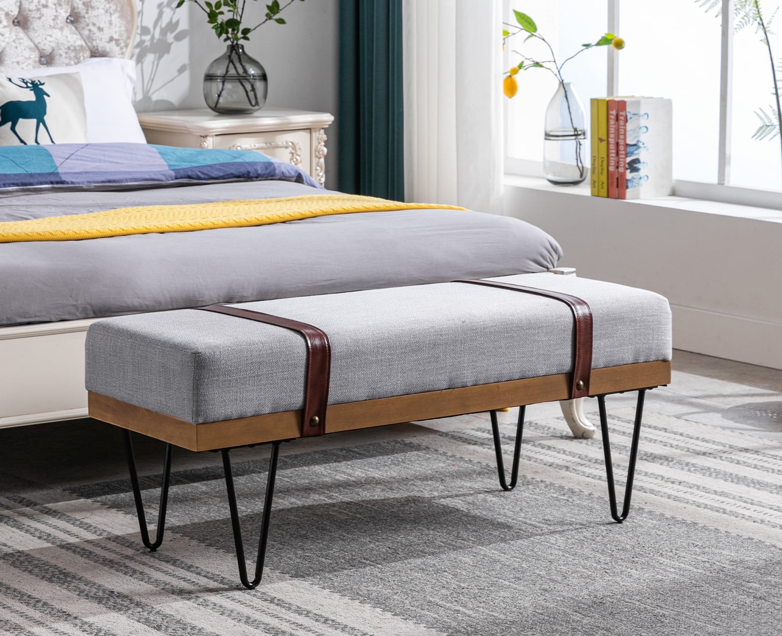 Guyou Modern Linen Rectangle Ottoman Bench with Two Straps and Metal ...