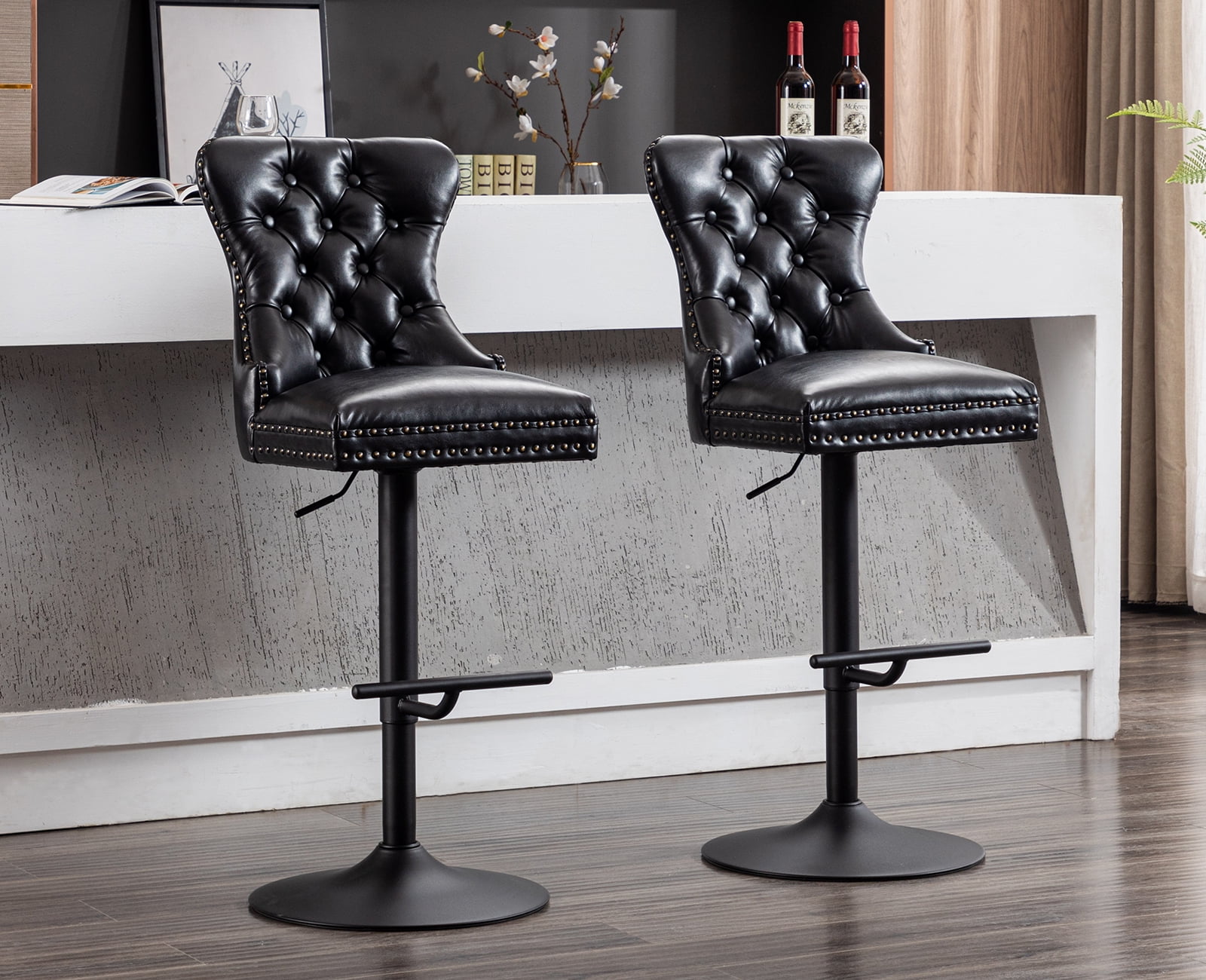 Guyou Contemporary PU Leather Bar Stools Set of 2, Adjustable, Button ...
