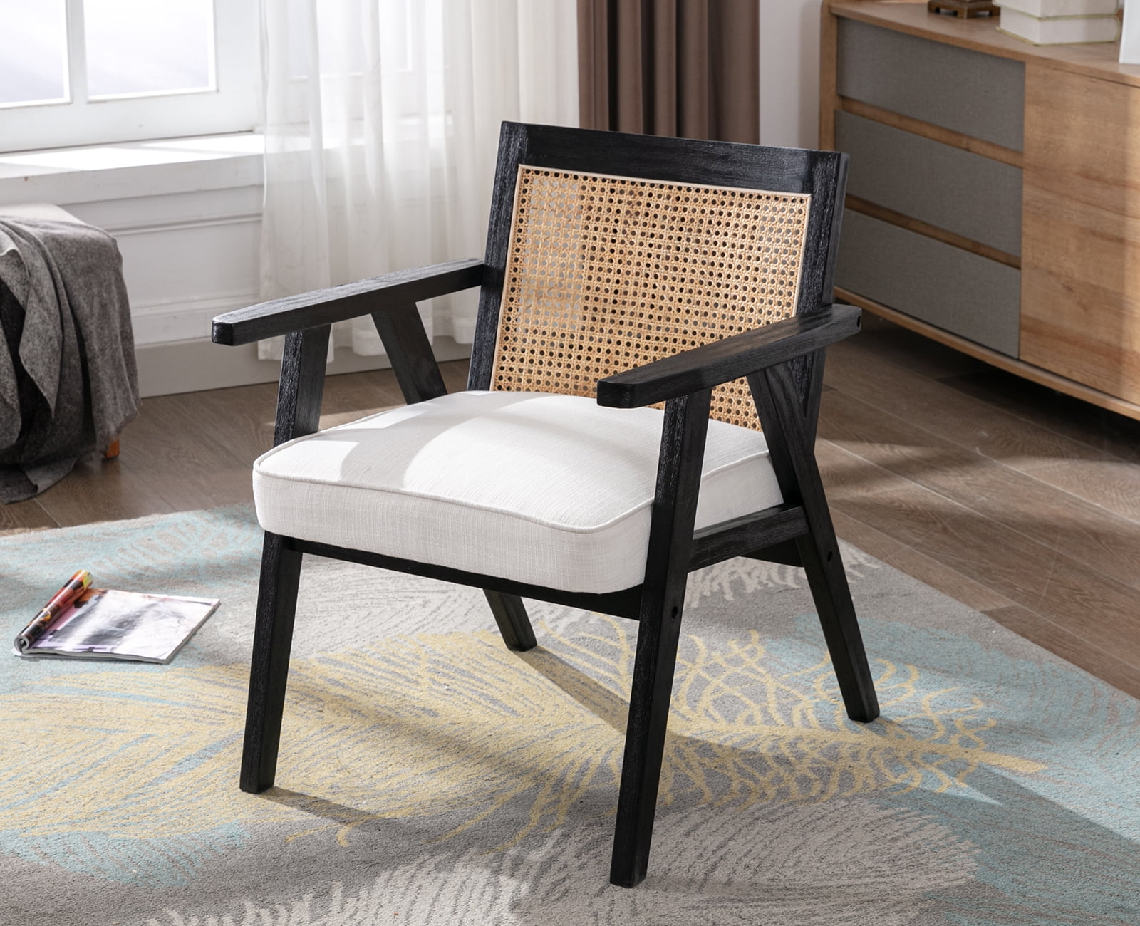 Guyou Mid-century Modern Rattan Accent Chair, Upholstered Wood Reading ...