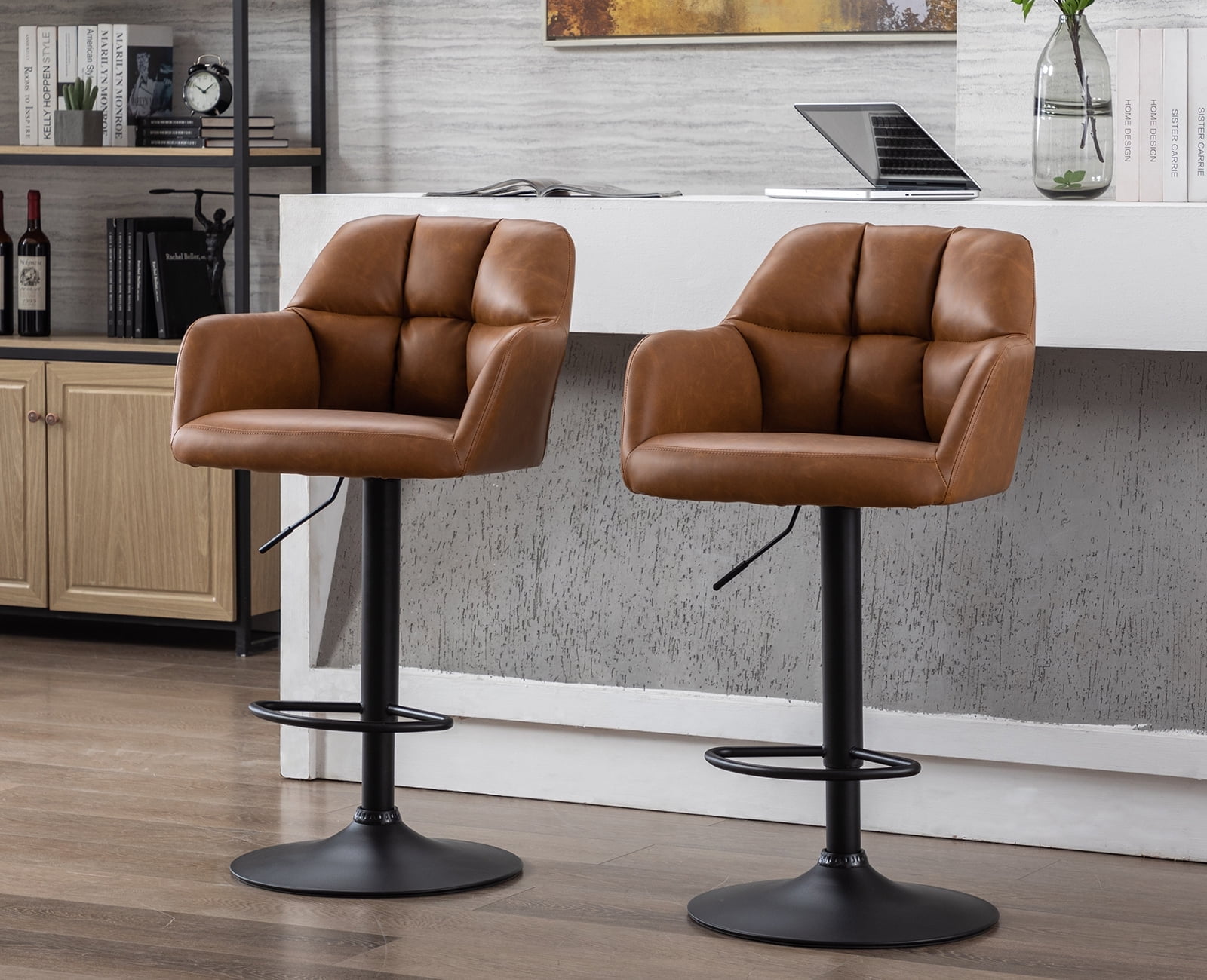 Guyou Modern Swivel Bar Stool Set of 2, PU Upholstered Adjustable ...