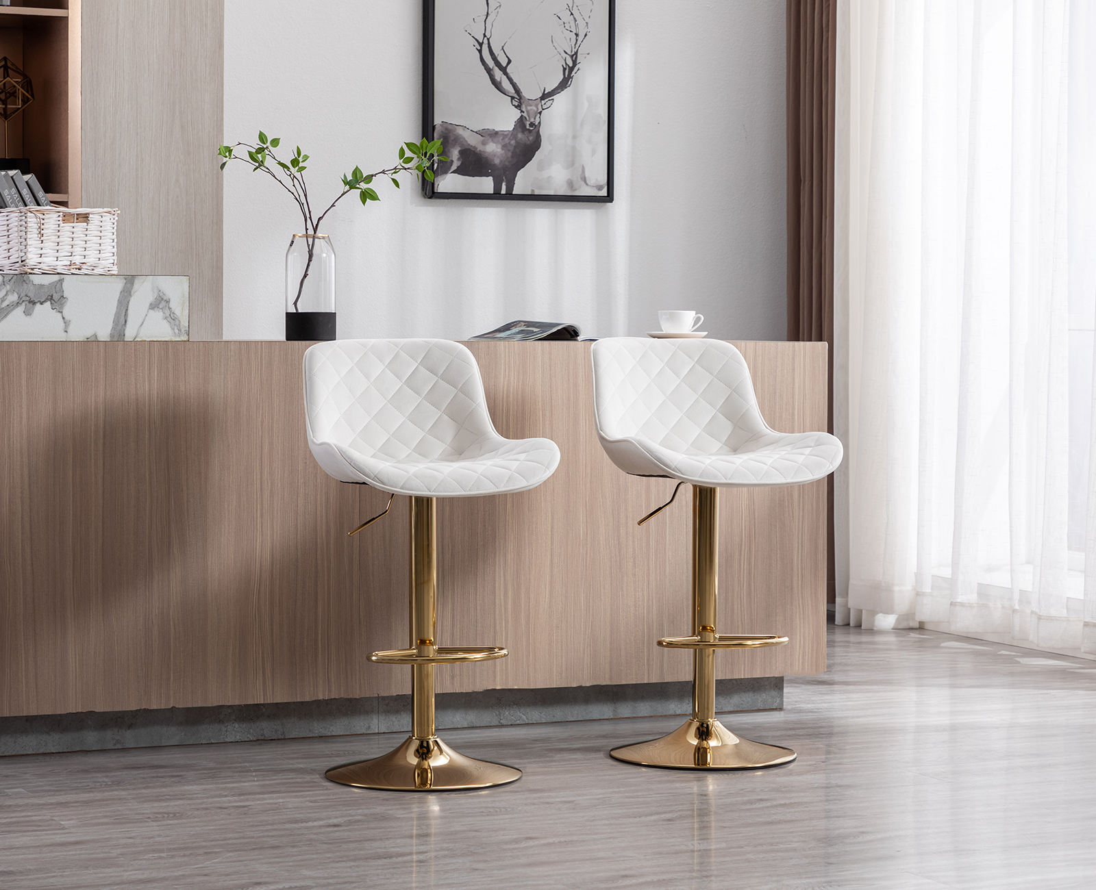 Bar Stools Chairs Set of 2, Velvet Adjustable Swivel Barstool with Gold ...