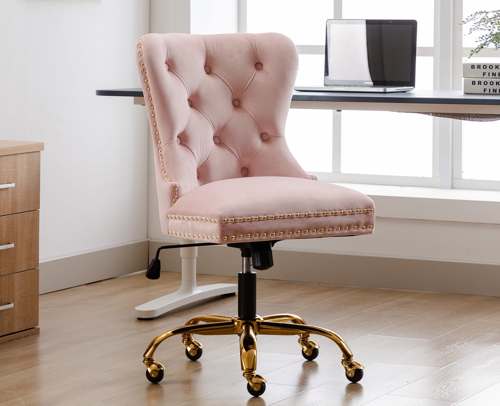 Guyou Swivel Office Chair, Upholstered, Velvet, Button Tufted, Nailhead ...