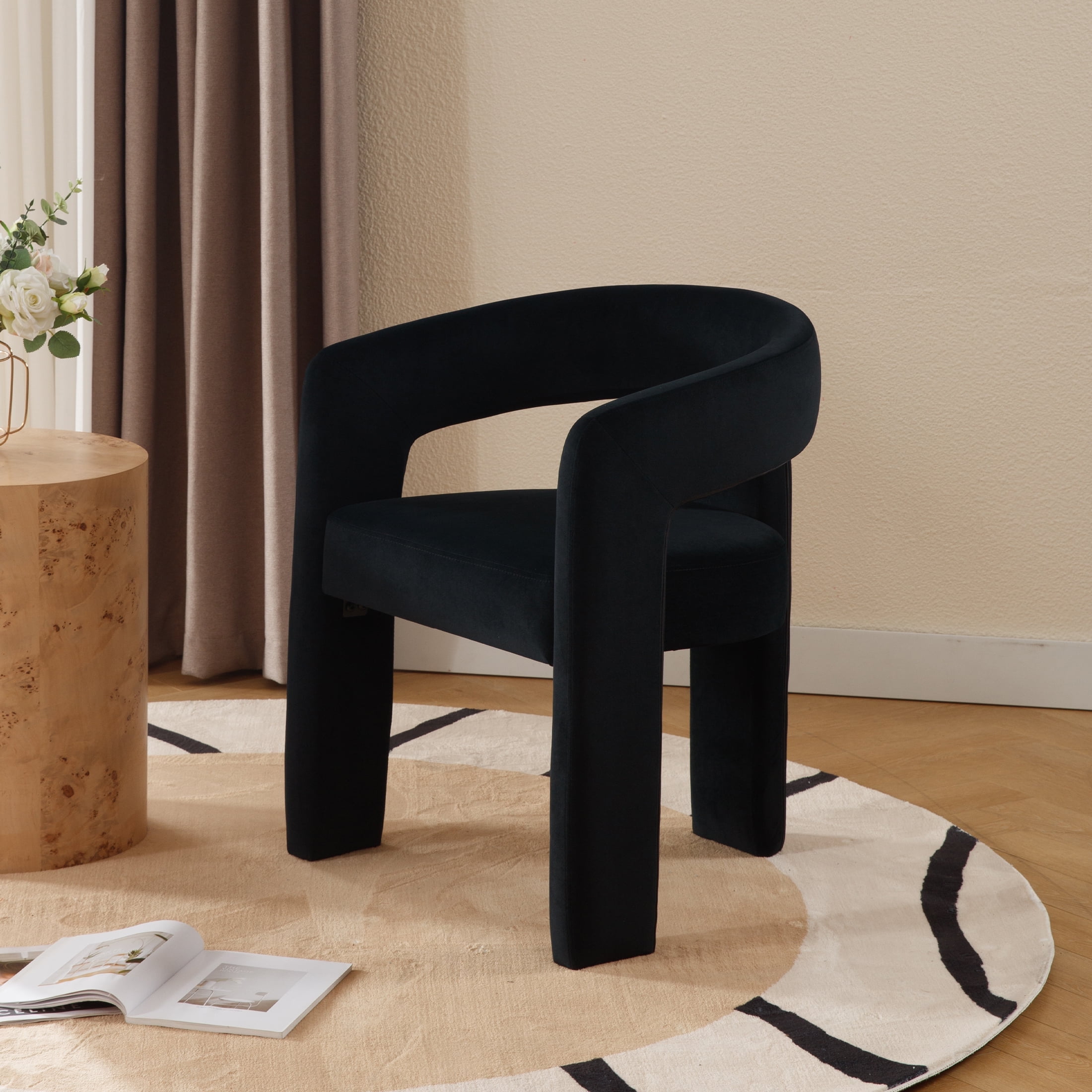 "Guyou Black Velvet Upholstered Dining Chair, Barrel Armchair with ...