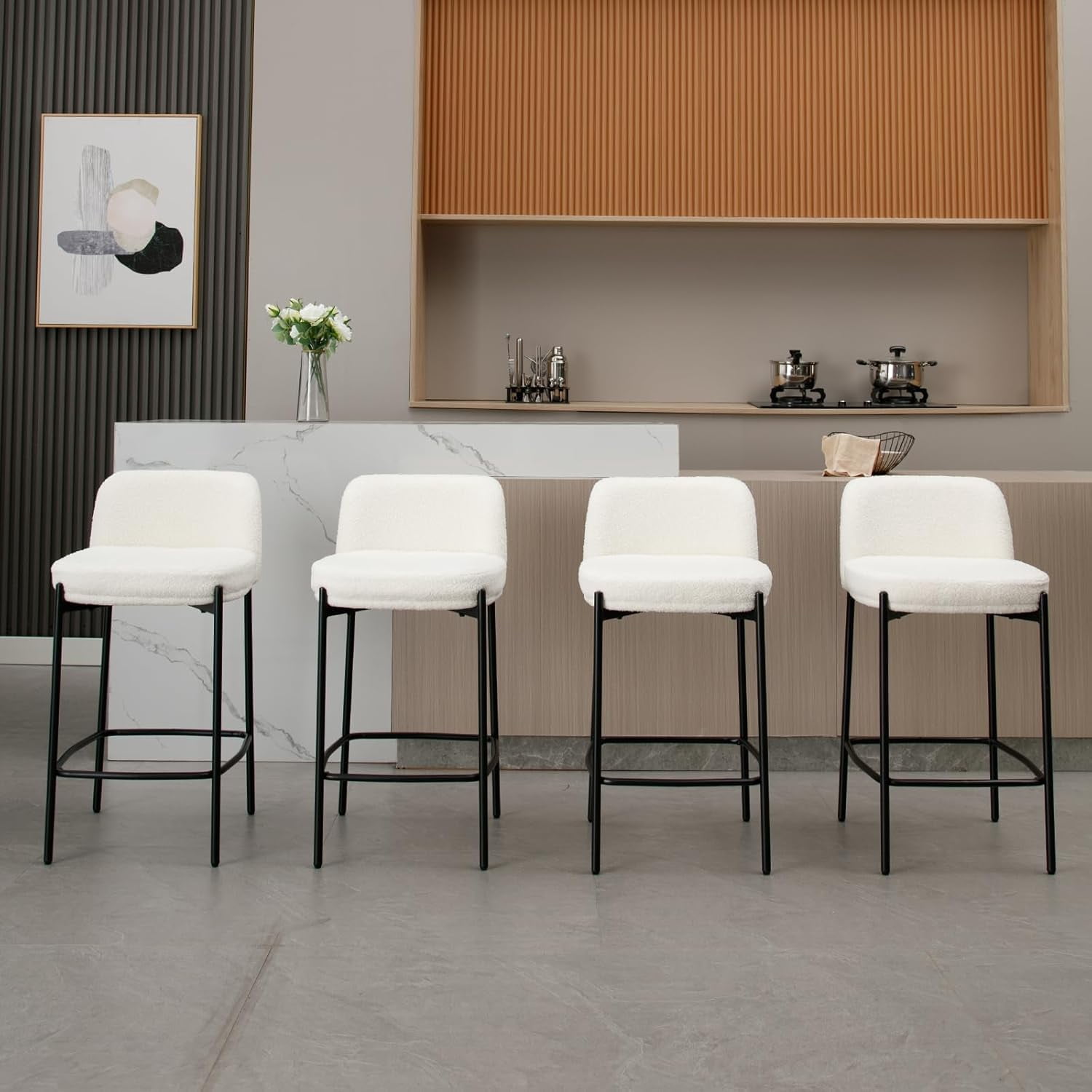 Guyou Modern White Sherpa Counter Stools with Black Metal Legs, 26 ...