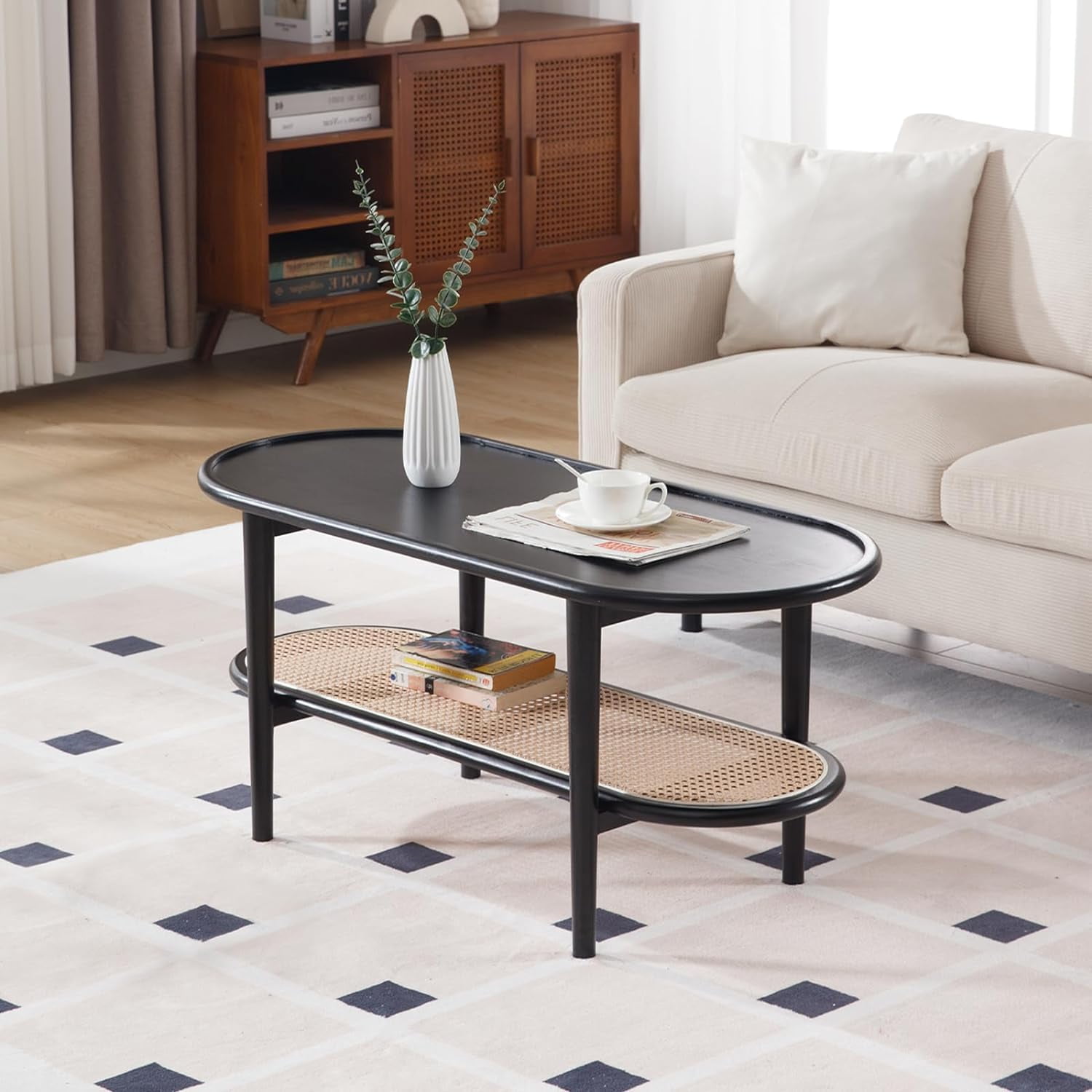 Guyou Oval Rattan Coffee Table, Modern Black Wood Coffee Table with ...