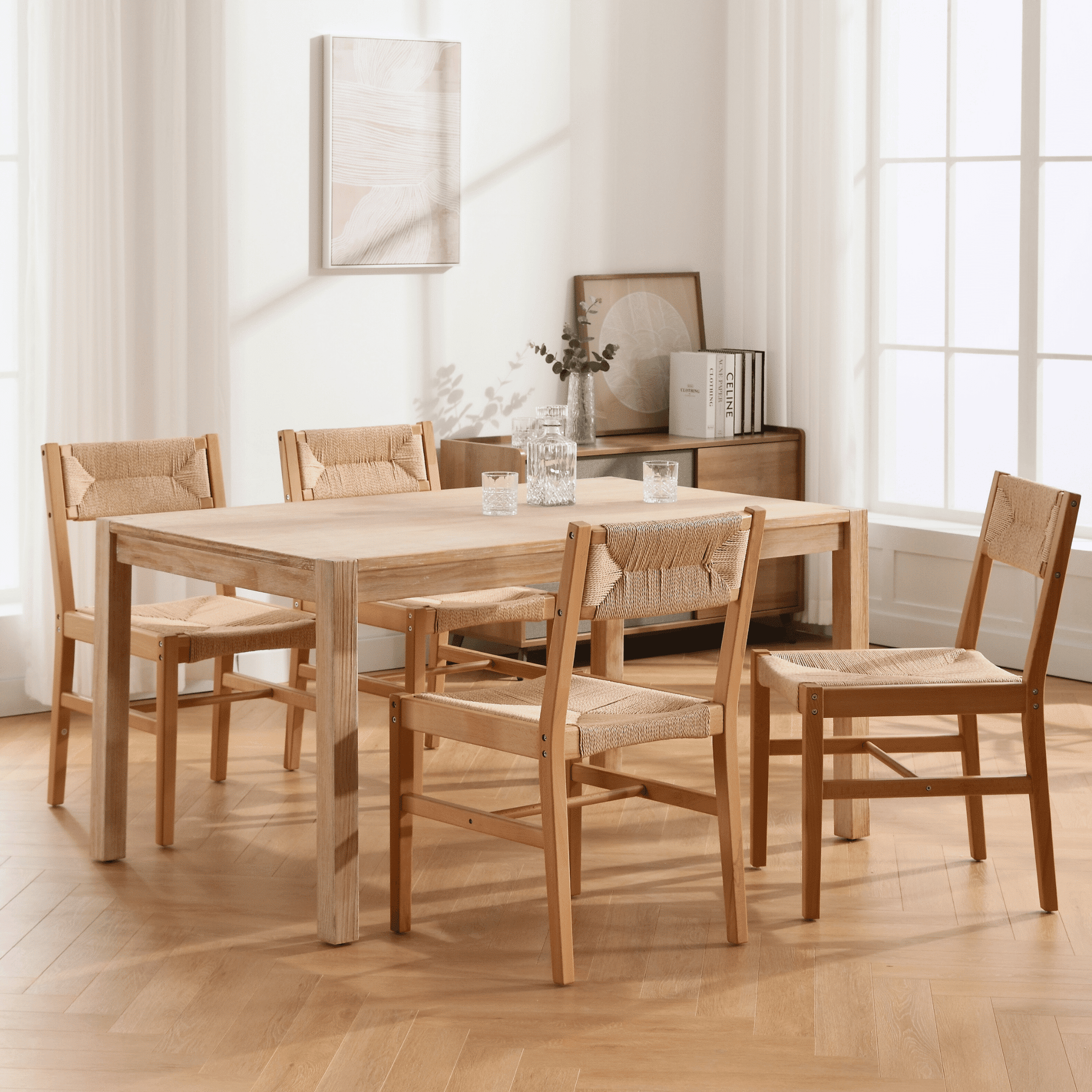 Guyou Farmhouse Rattan Dining Chairs Set of 4,Mid Century Modern Woven ...