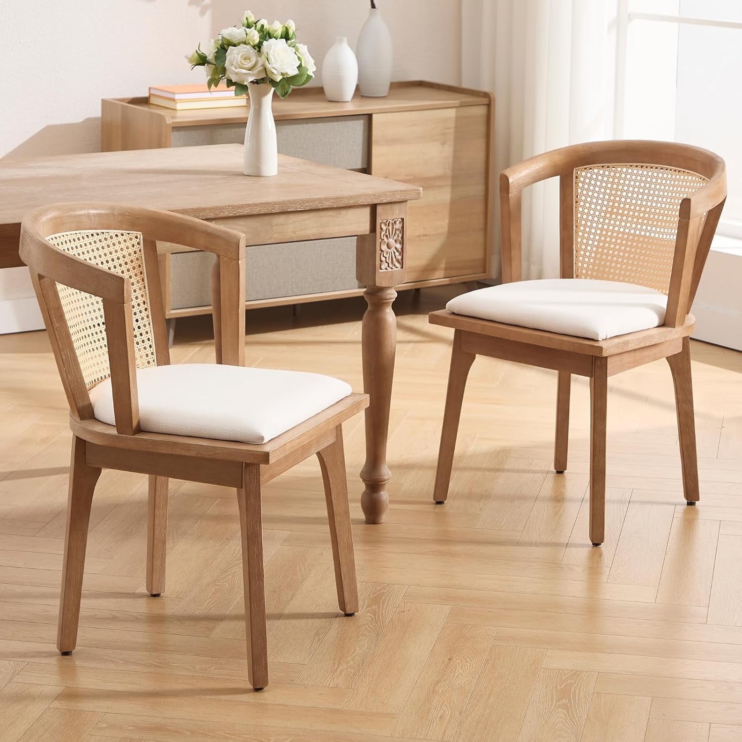 Guyou Rattan Chair Mid Century Linen Dining Arm Chairs with Wood Frame ...